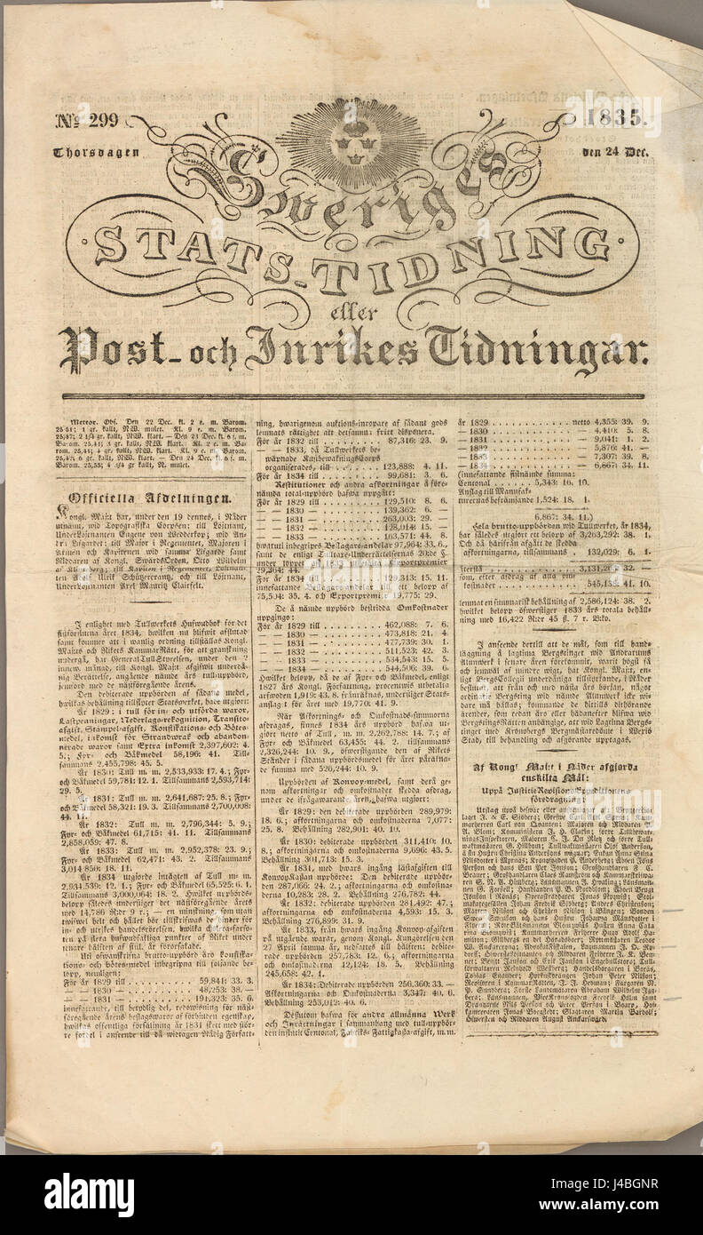 Post och Inrikes Tidningar 1835 12 24 1 Stock Photo - Alamy