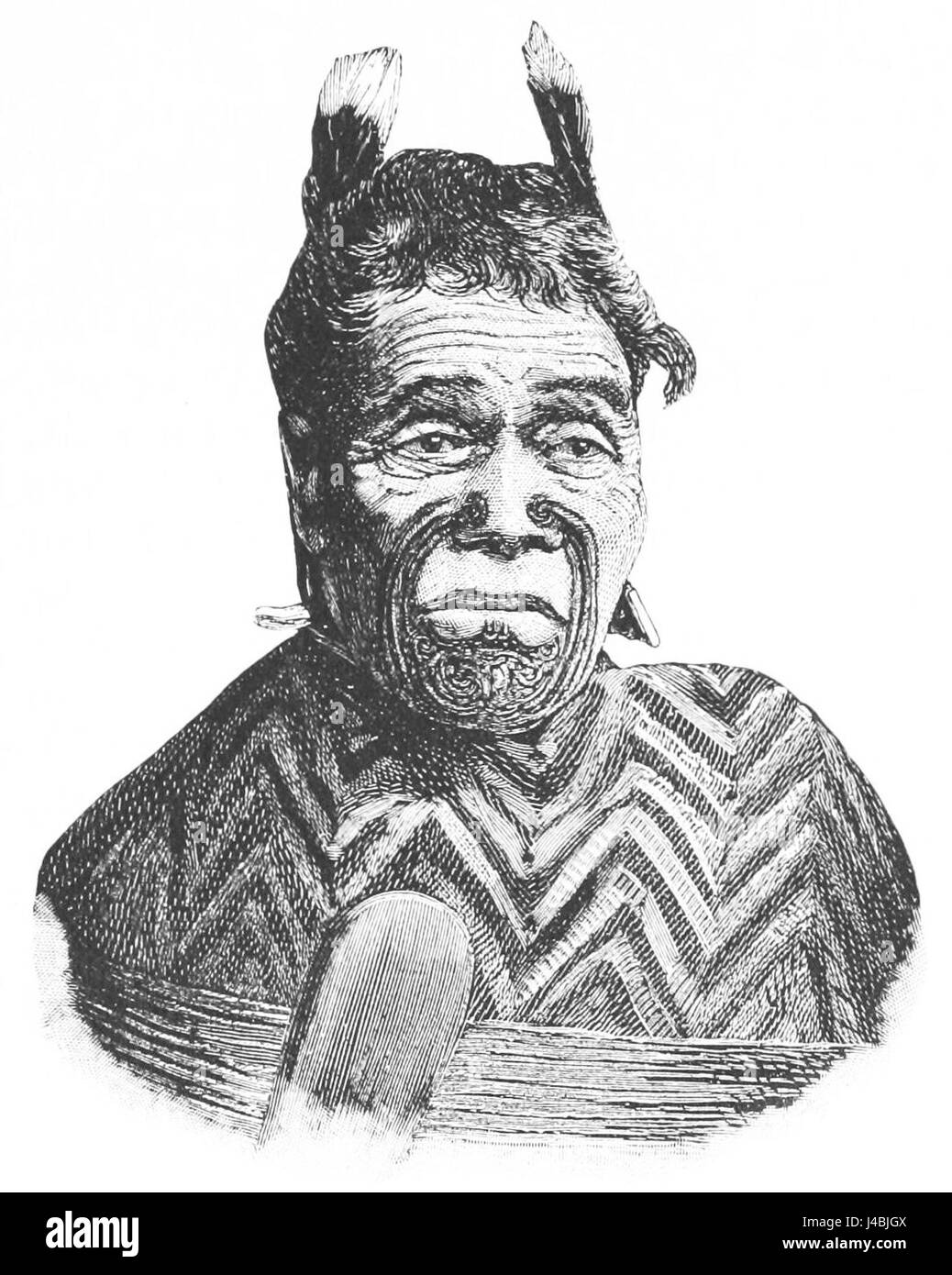 This image shows a Maori king holding a greenstone club, a symbol of ...