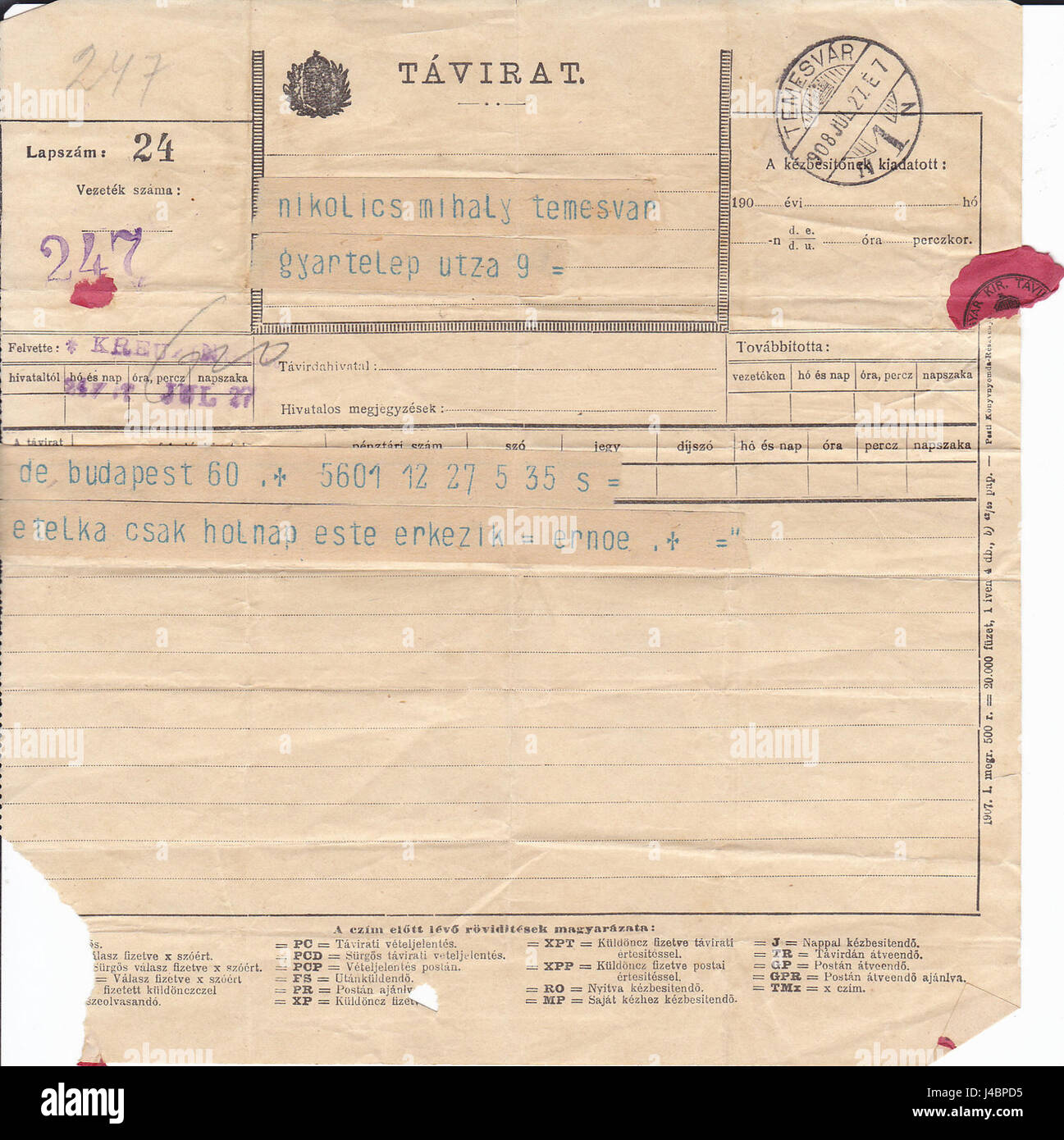 This telegram from 1908 documents an important communication related to ...