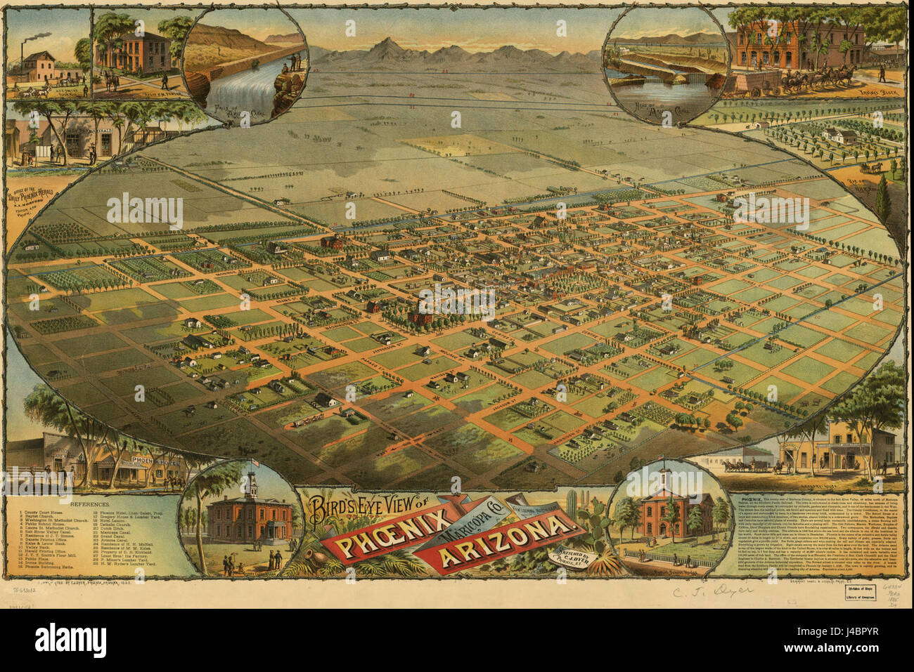 A high-resolution aerial map of Phoenix from 1885, showcasing the cityâ ...