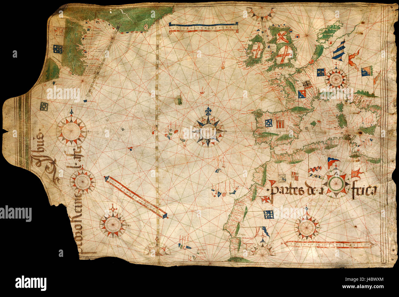 A maritime map by Pedro Reinel from 1504, depicting navigational routes ...