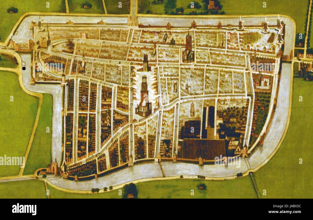 A map of Delft after the city fire of 1536, depicting the layout and ...