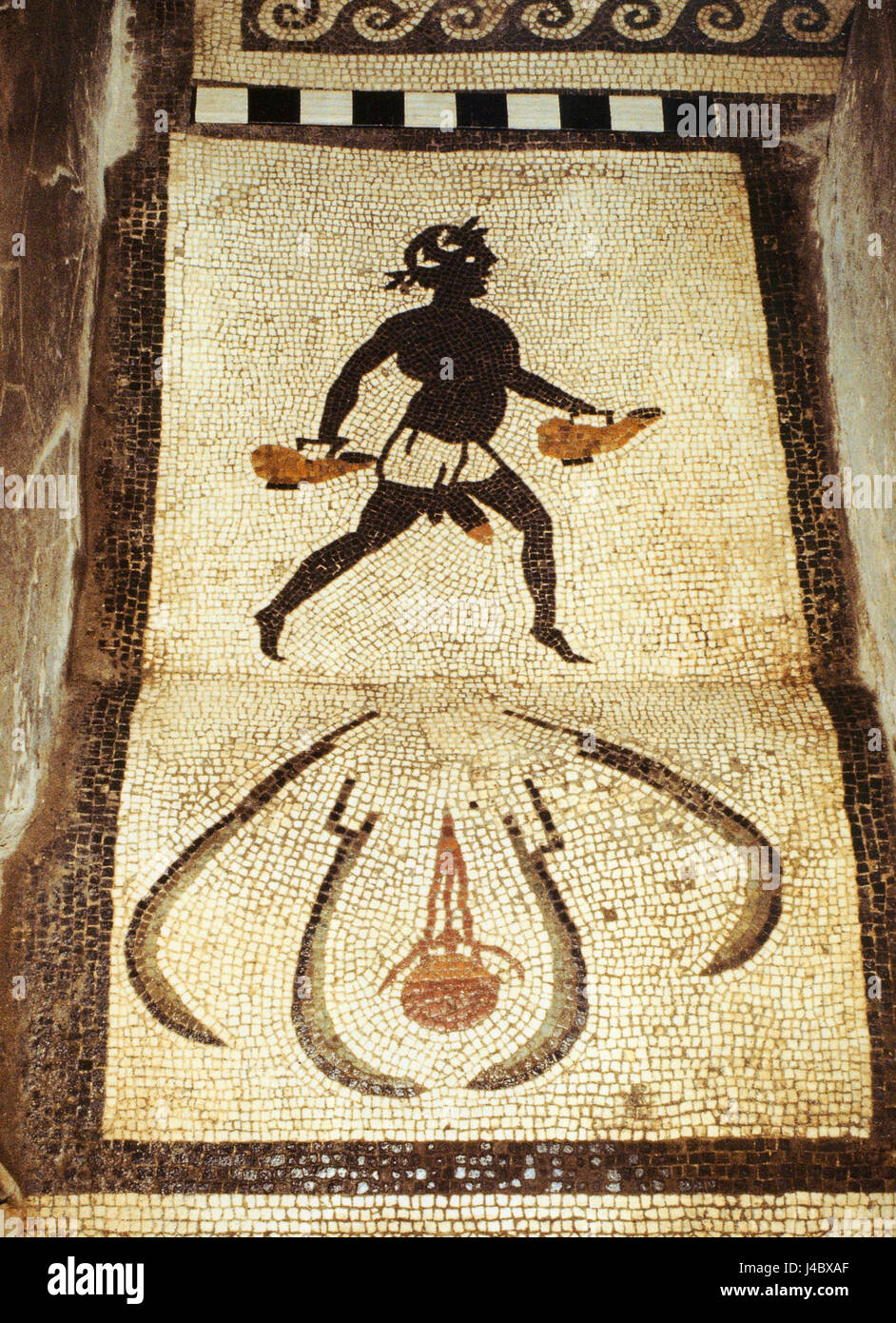 This image shows the Caldarium mosaic in the House of Menander, an ...