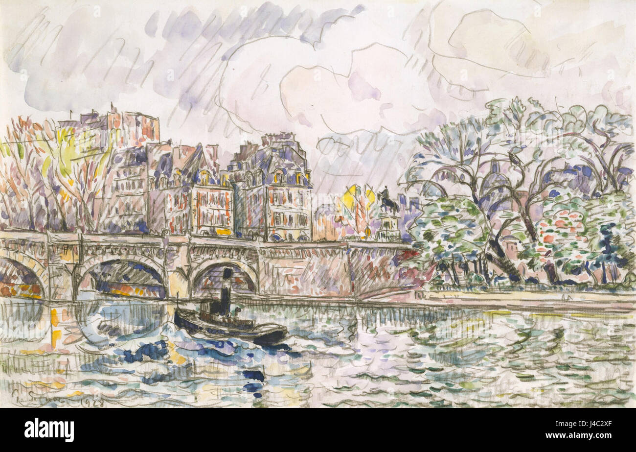 Paul Signac's painting 'Paris, Le Place Dauphine,' created in 1928 ...