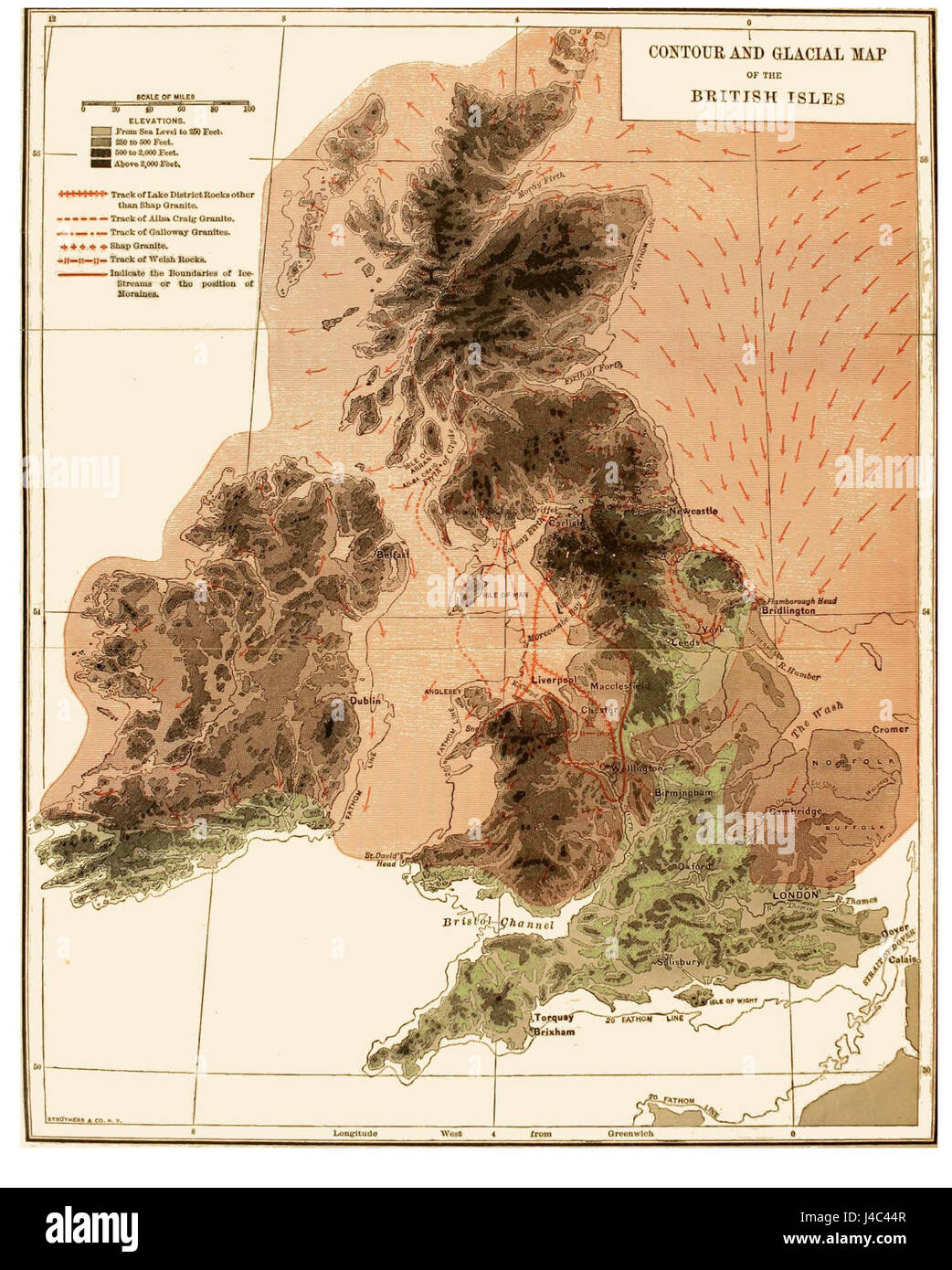 This map, from PSM V42 D182, presents a contour and glacial map of the ...