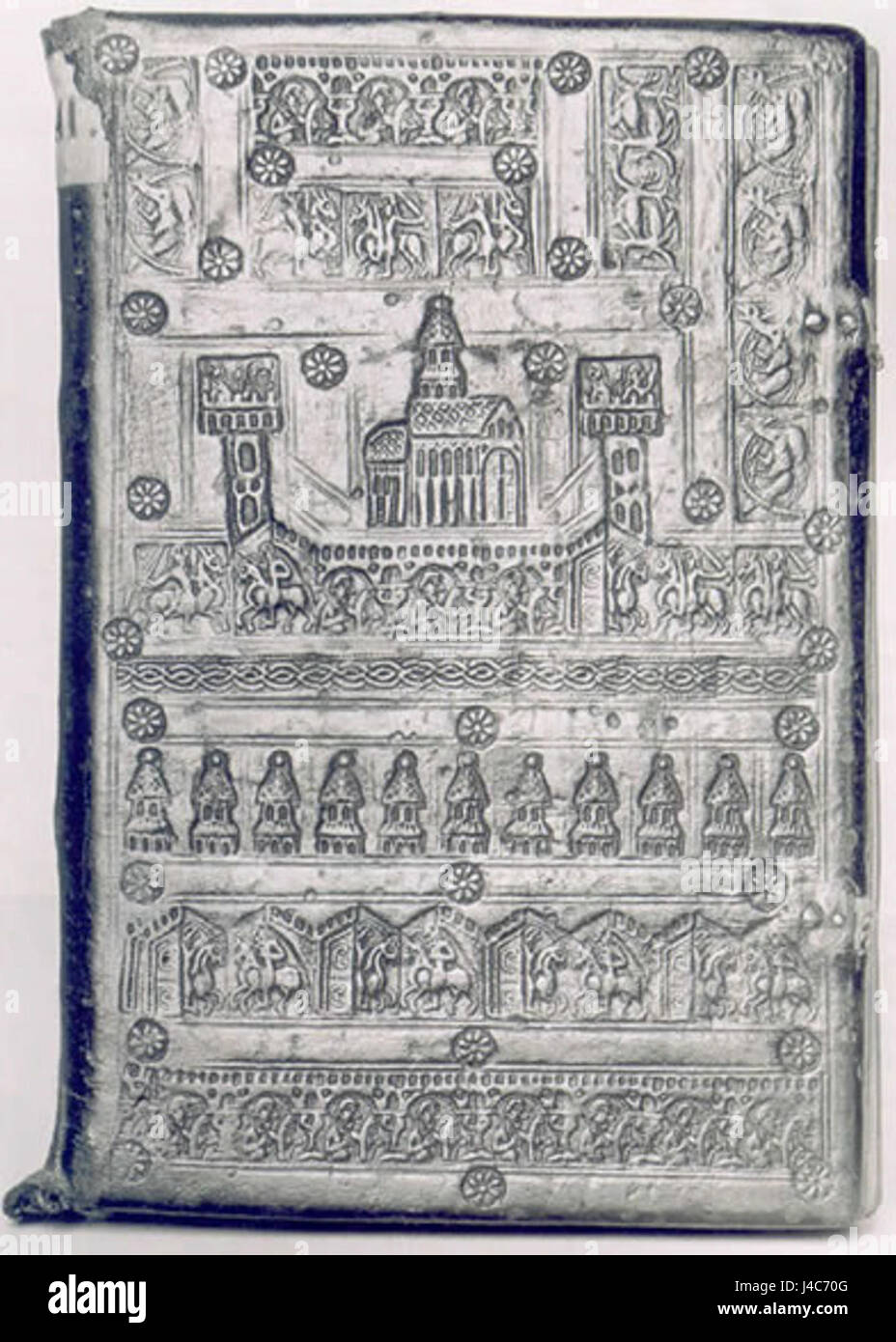 This piece, known as a Romanesque blind-stamped binding, showcases the ...
