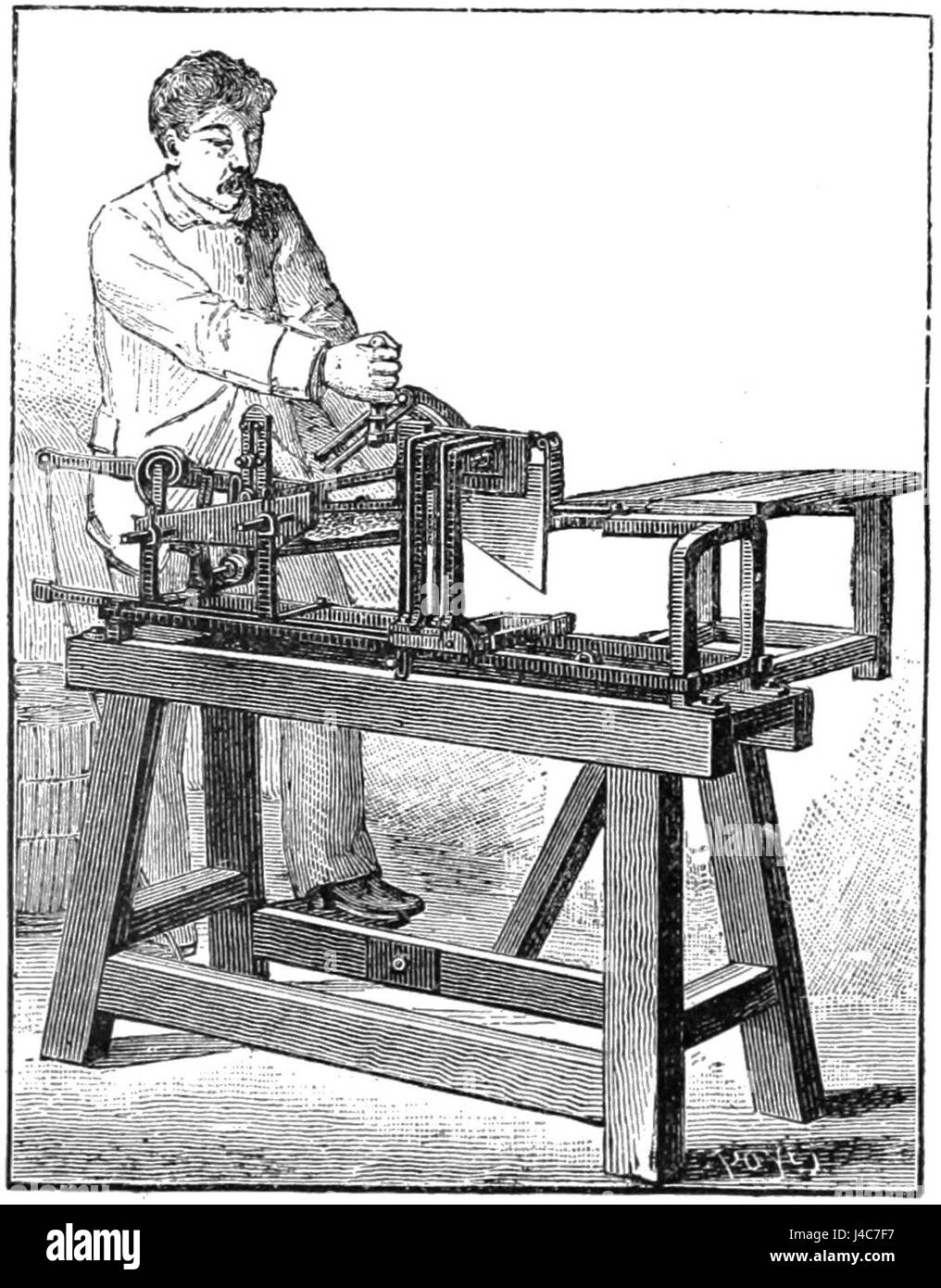 This illustration shows a machine designed for cutting cork strips, a ...