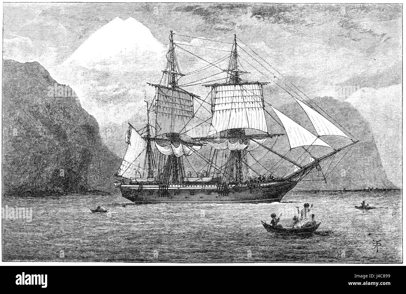 The HMS Beagle, a British Royal Navy ship, is depicted navigating the ...