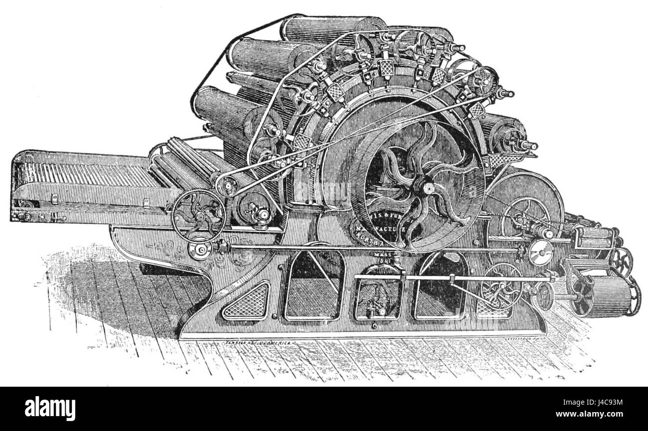 This image depicts an early American carding machine, used in the ...