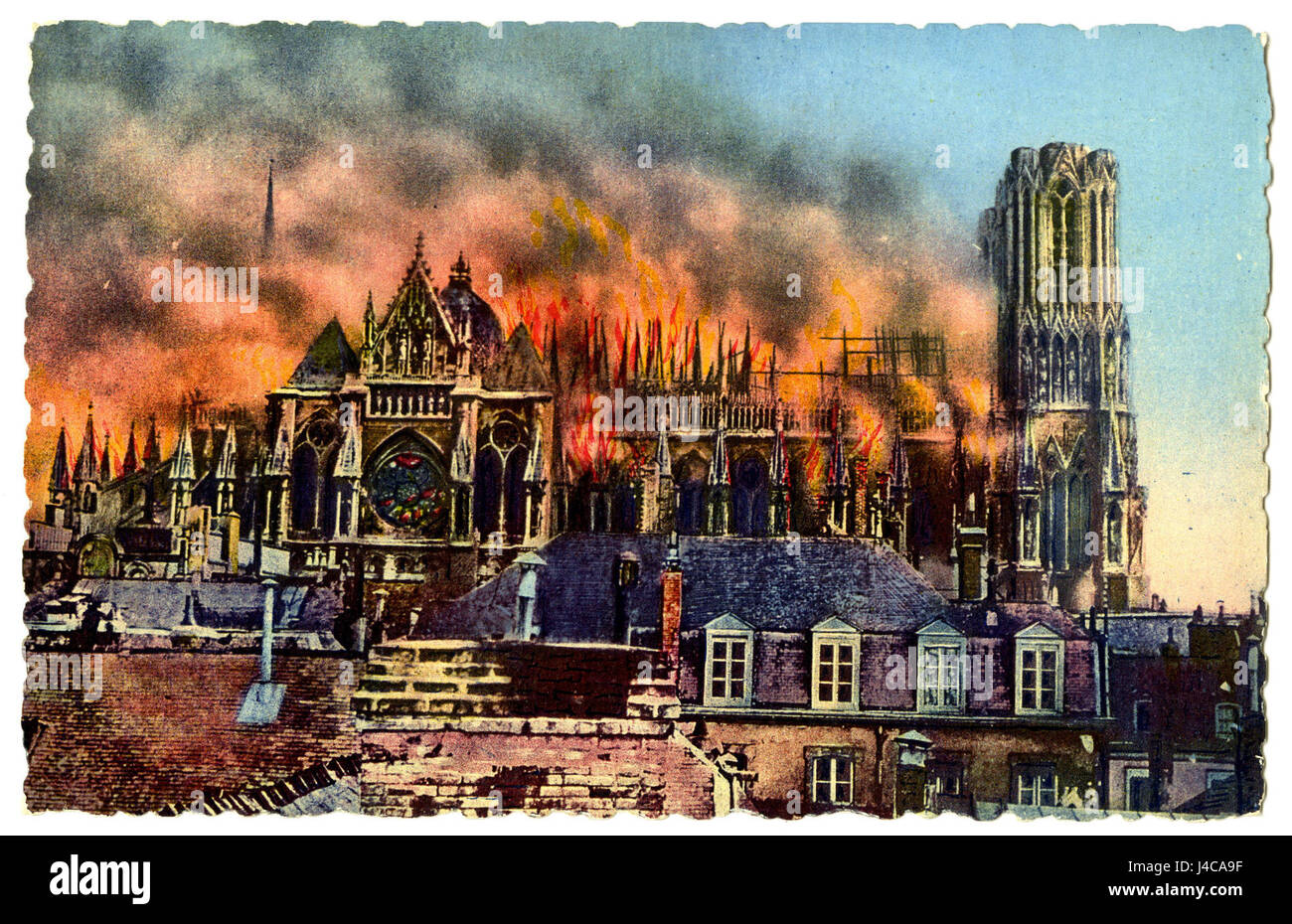 This image depicts the burning of Reims Cathedral during World War I ...
