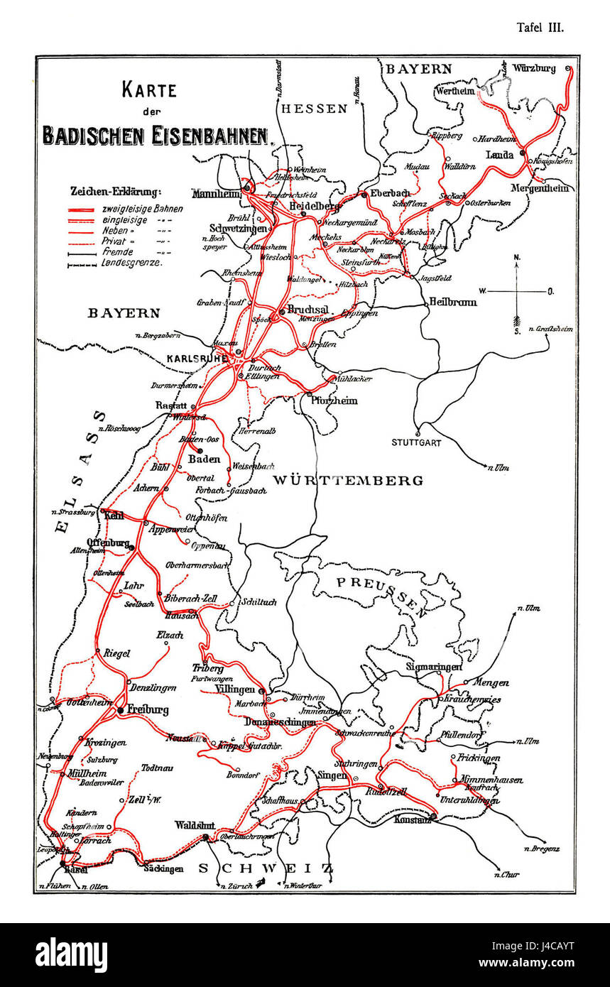 The 1912 map by Roell illustrates the railway system of Baden, Germany ...