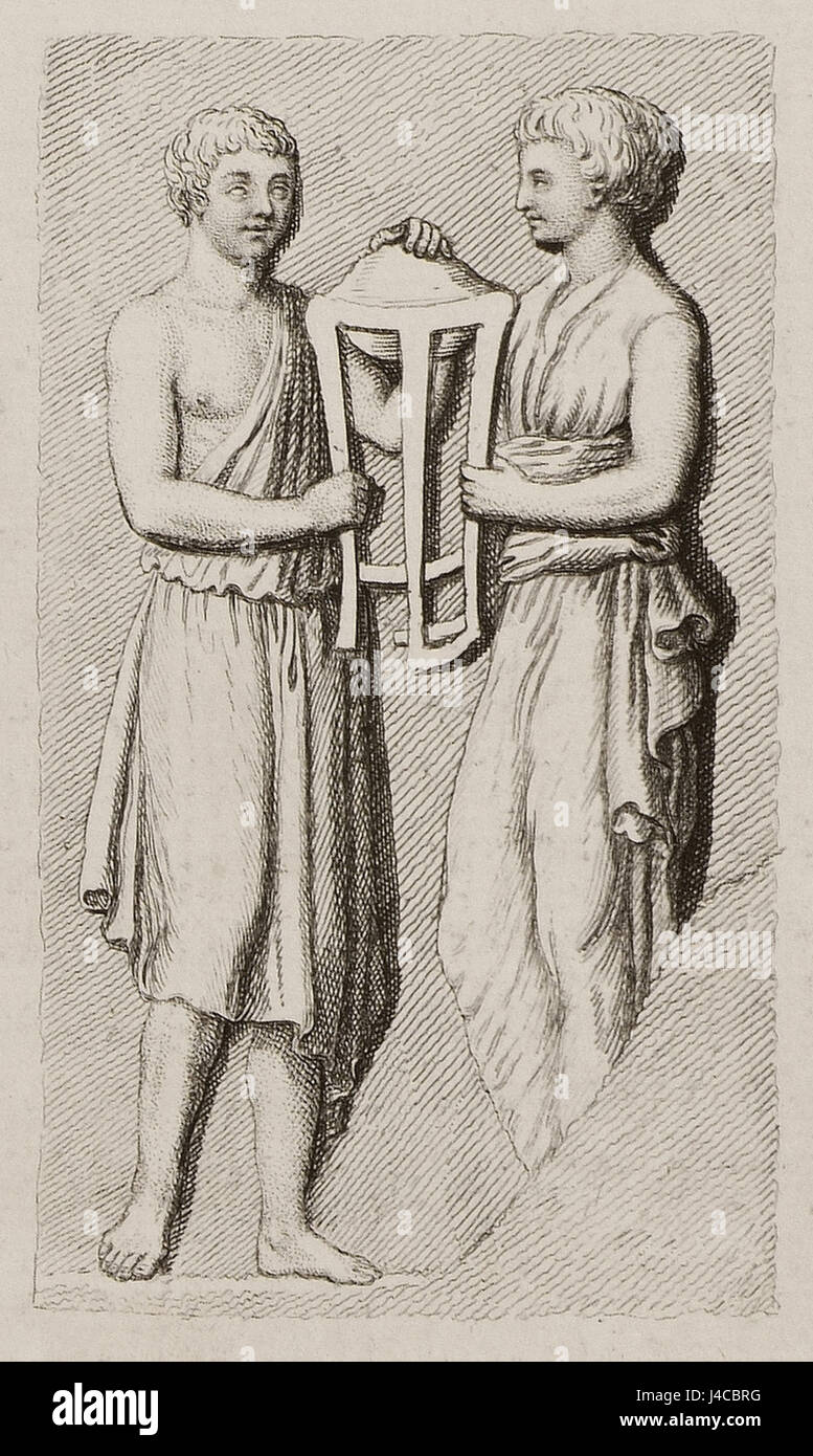 This relief from 1787 depicts a male and female figure holding a tripod ...