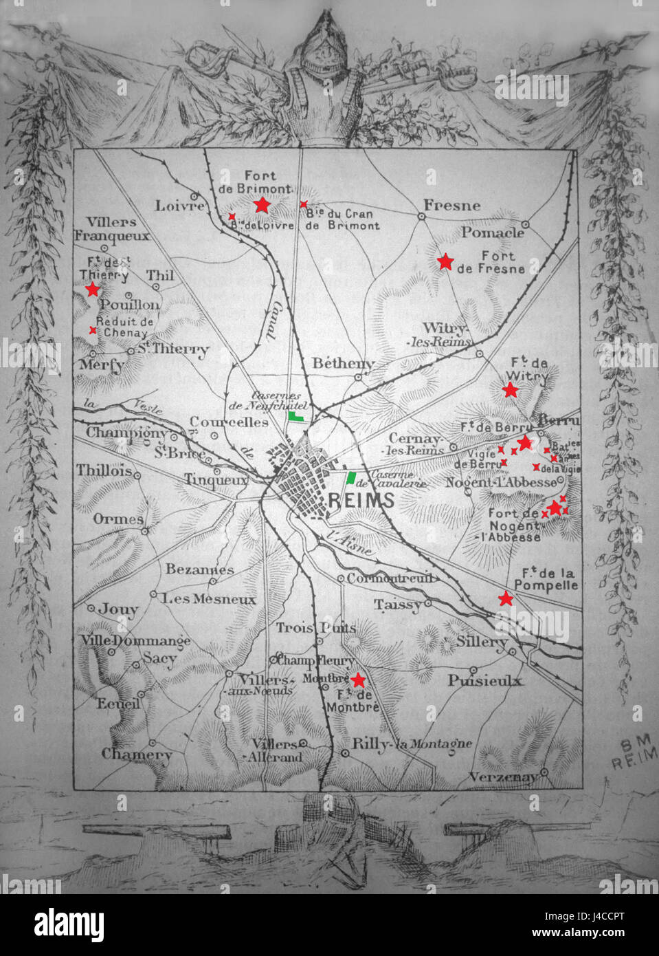This 19th-century map of Reims, France, depicts the layout of the river ...