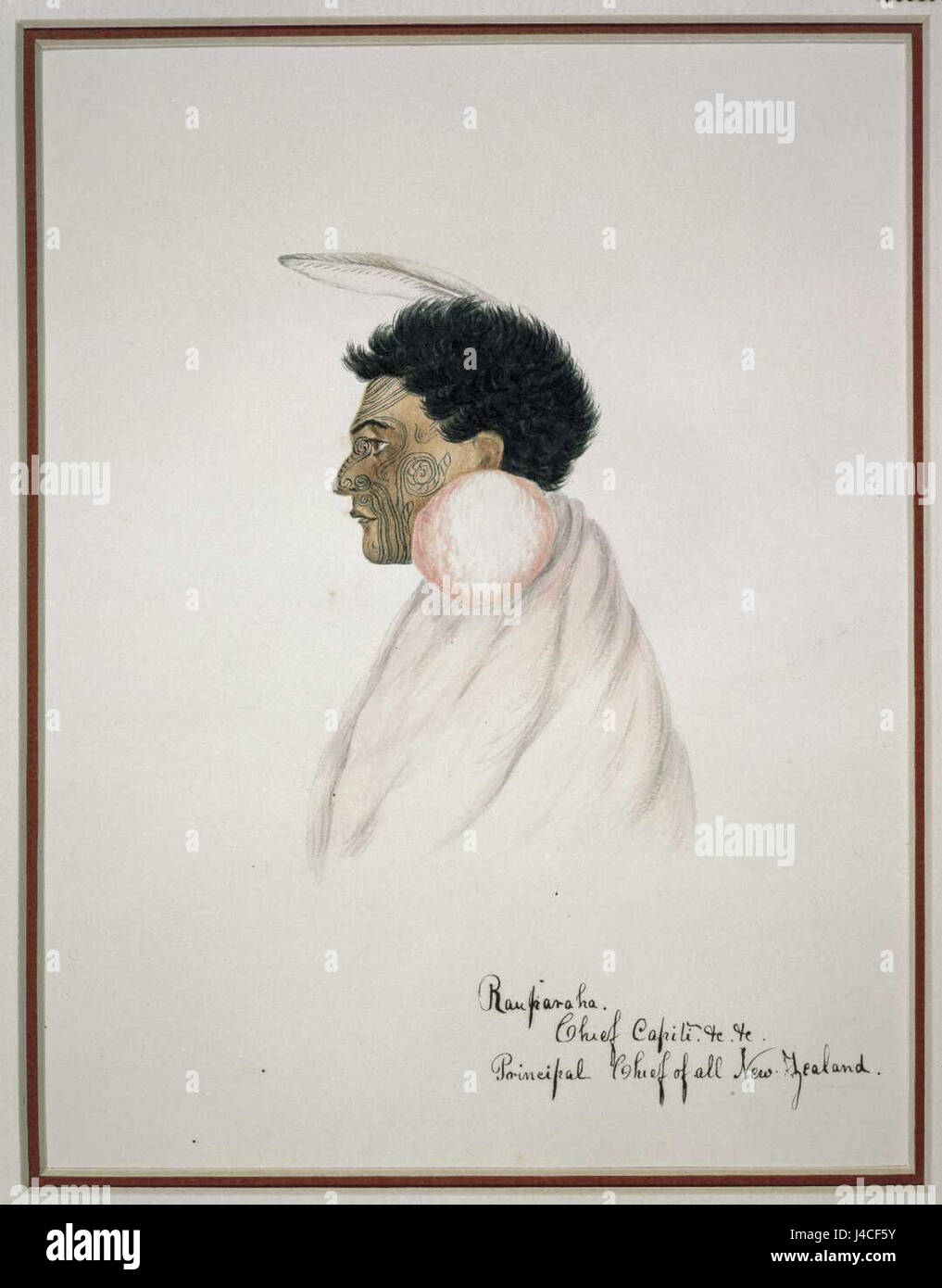 This watercolour painting by Isaac Coates depicts Rauparaha, a ...