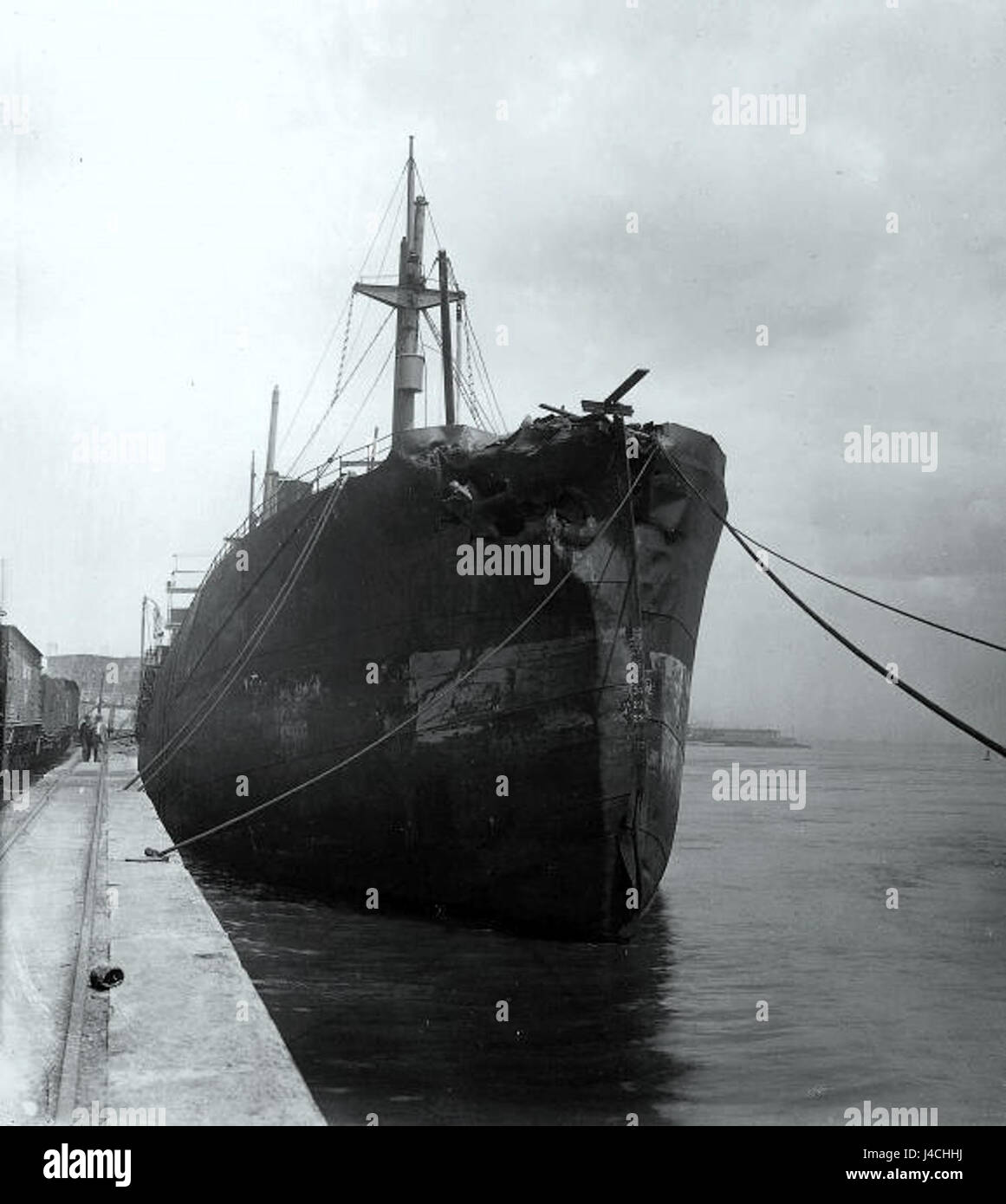 The image depicts the Proue Storstad, a ship that was involved in the ...