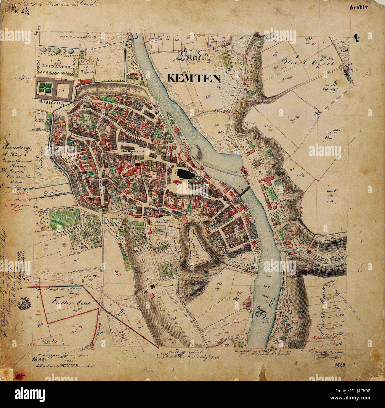 This is a map from 1823 showing the city of Kempten, Germany. The map ...
