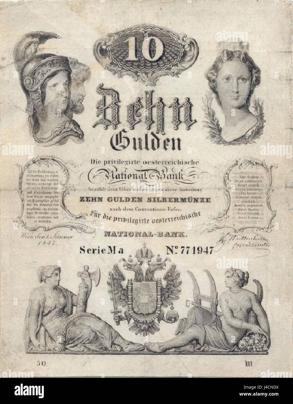 The obverse of the 1847 PONB 10 Gulden coin features key design ...