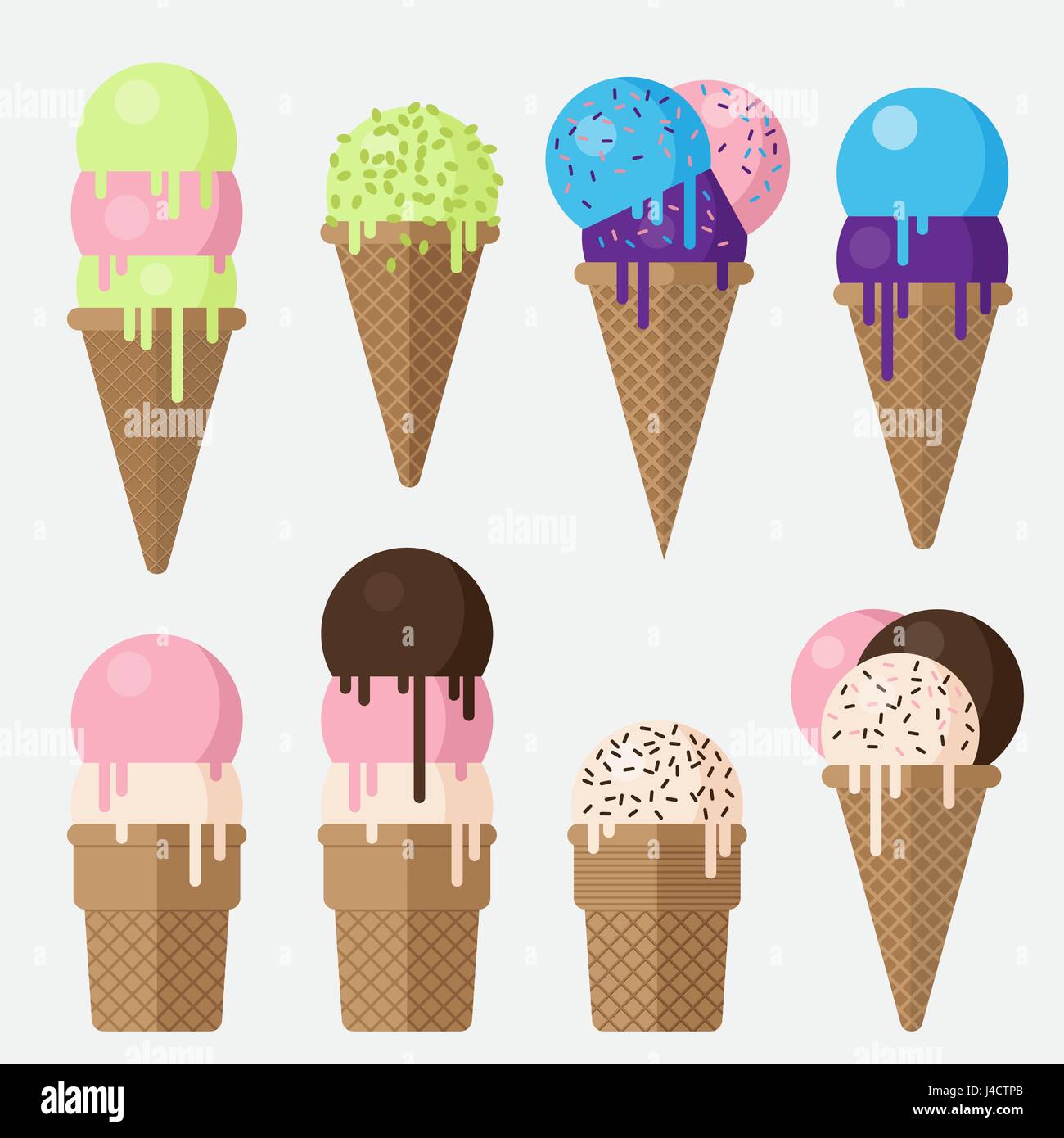 Set of Ice cream cone vector flat illustration. Stroberry ice cream ...