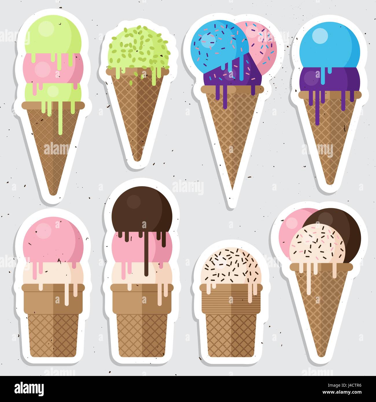 Set of Ice cream cone vector stickers. Ice cream flat illustration ...