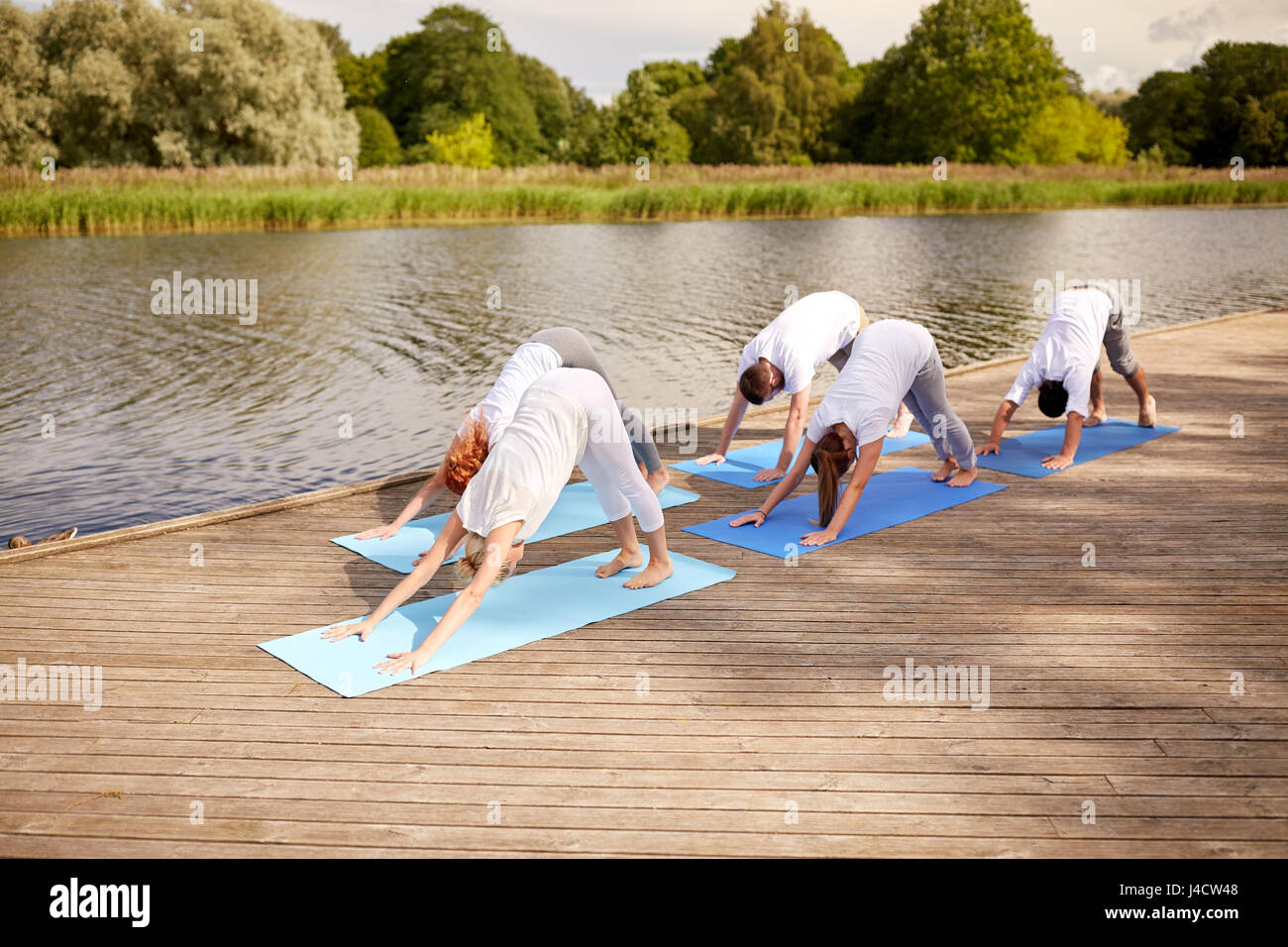 group of people making yoga dog pose outdoors Stock Photo - Alamy