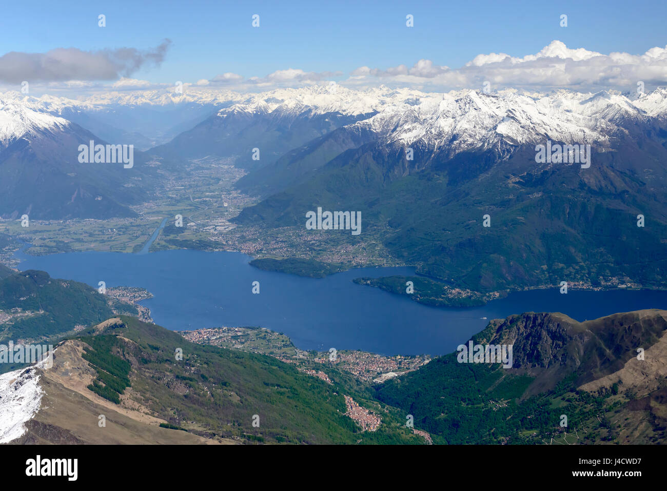 aerial shot, from a small plane, of northern part of Como lake with ...