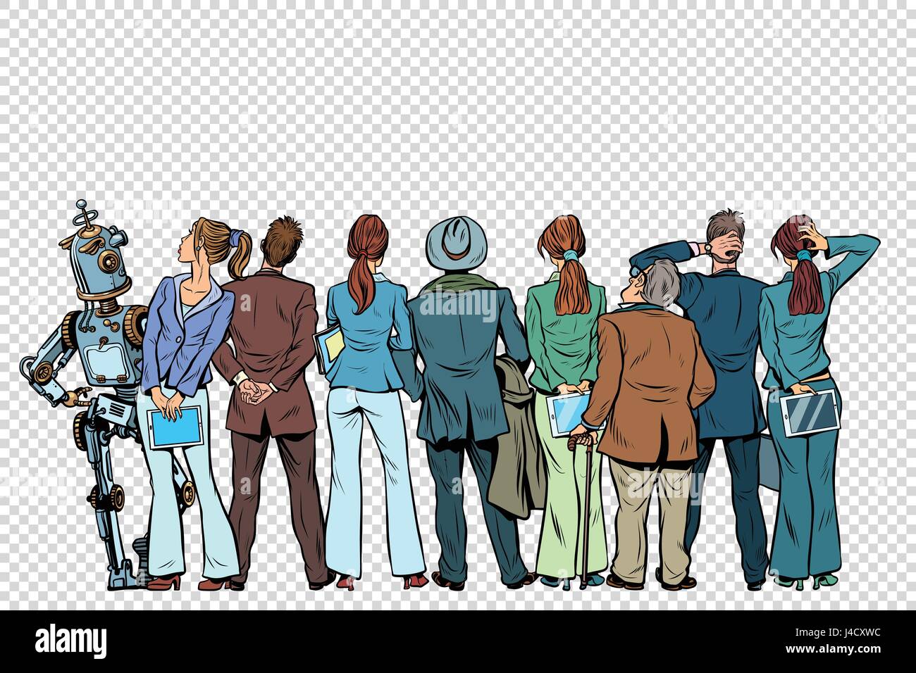 Retro group of businessmen and businesswomen with the robot on isolated ...