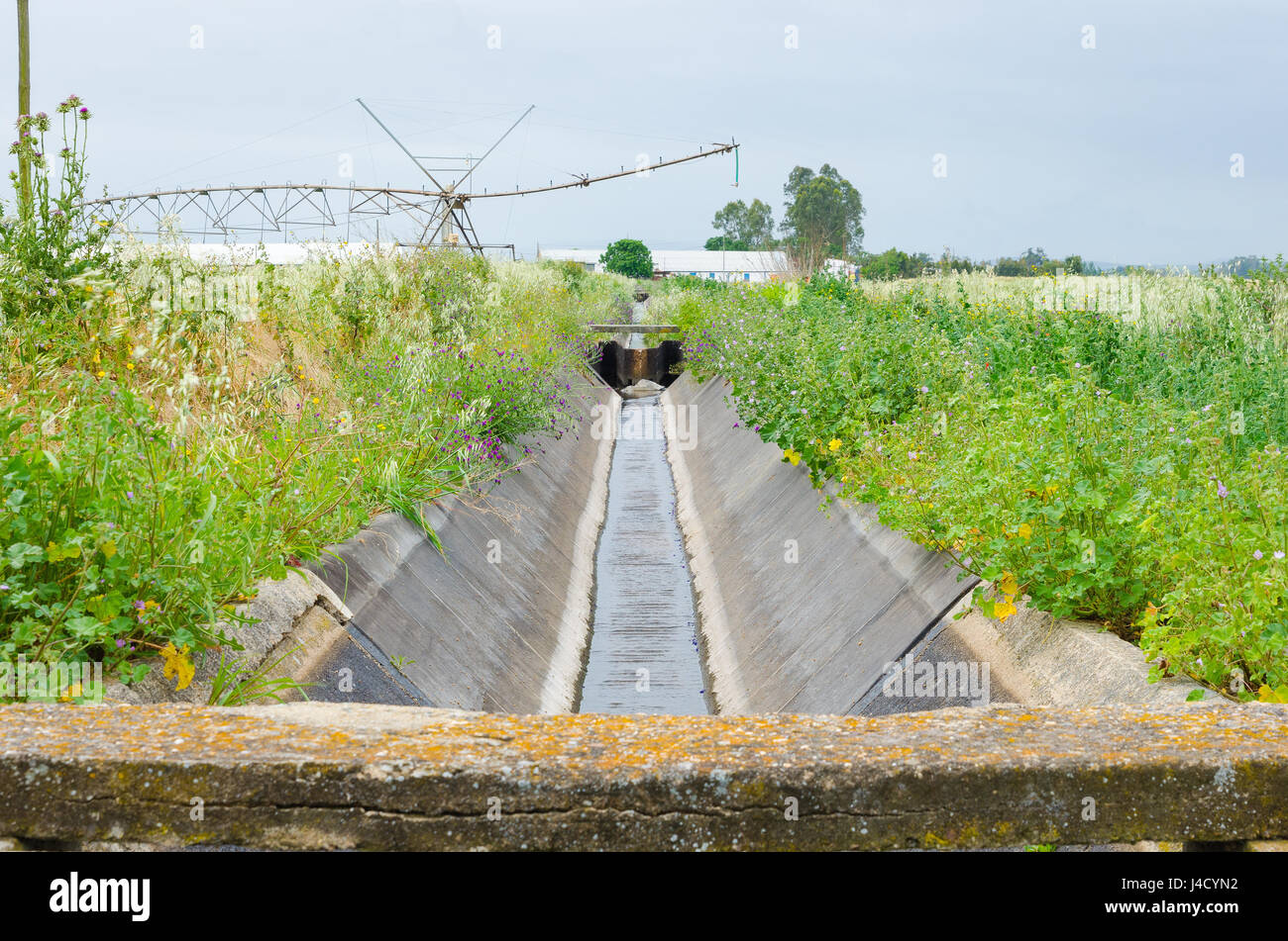 Irrigation water channel. Rural landscape in Extremadura, spain Stock ...