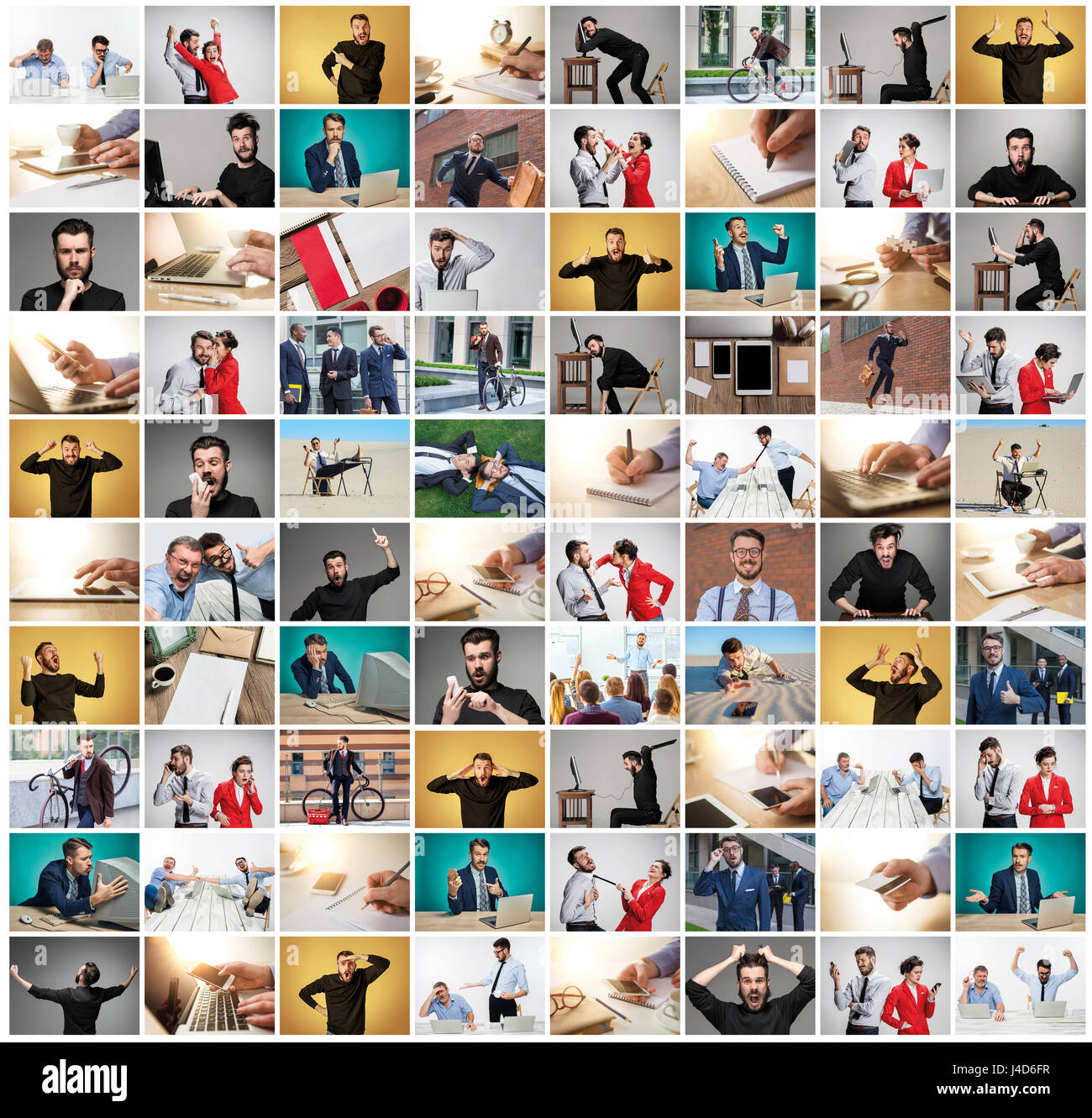 The collage from images of business man at office with different ...