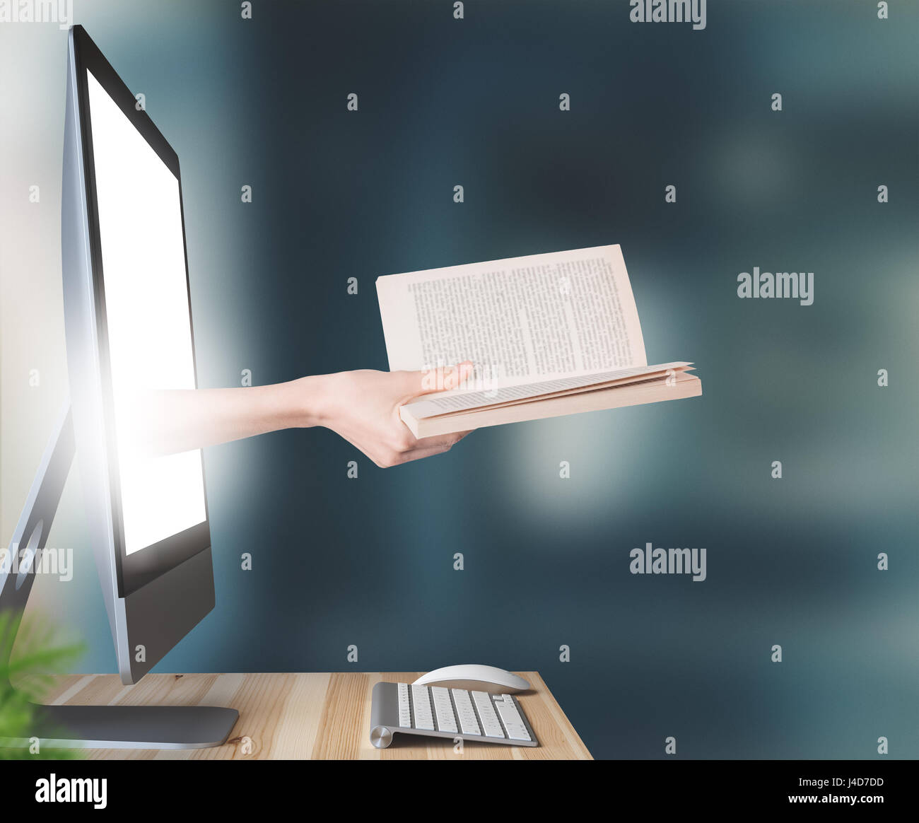 Hand with book comes out of screen pc Stock Photo - Alamy