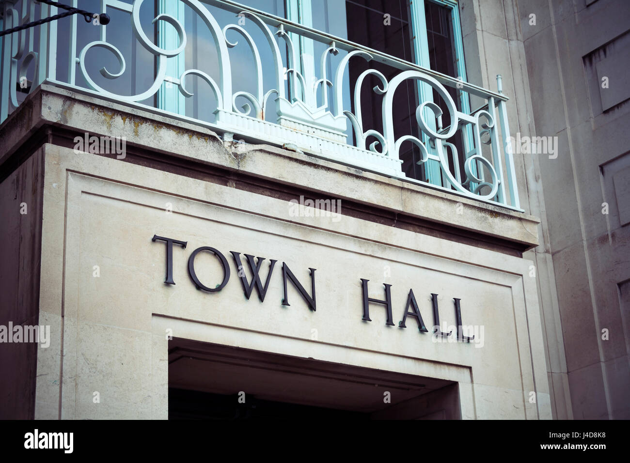 Town hall sign and balcony at local government office Stock Photo - Alamy