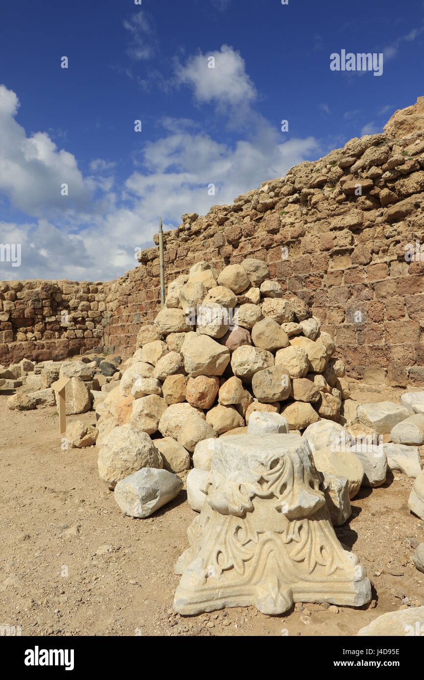 Israel, Ballista balls at the Crusader fortress Arsur in Apollonia ...