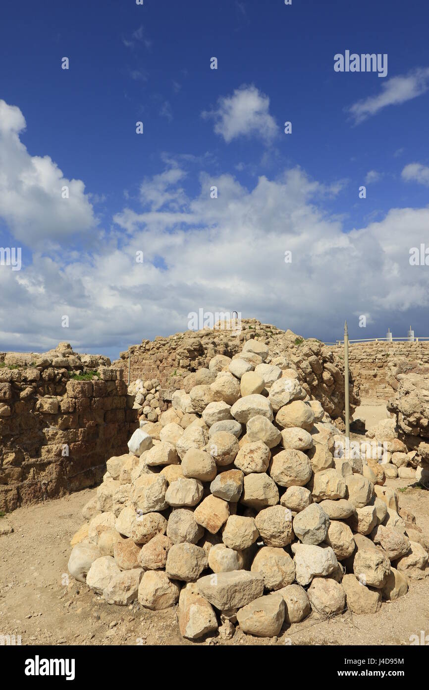 Israel, Ballista balls at the Crusader fortress Arsur in Apollonia ...