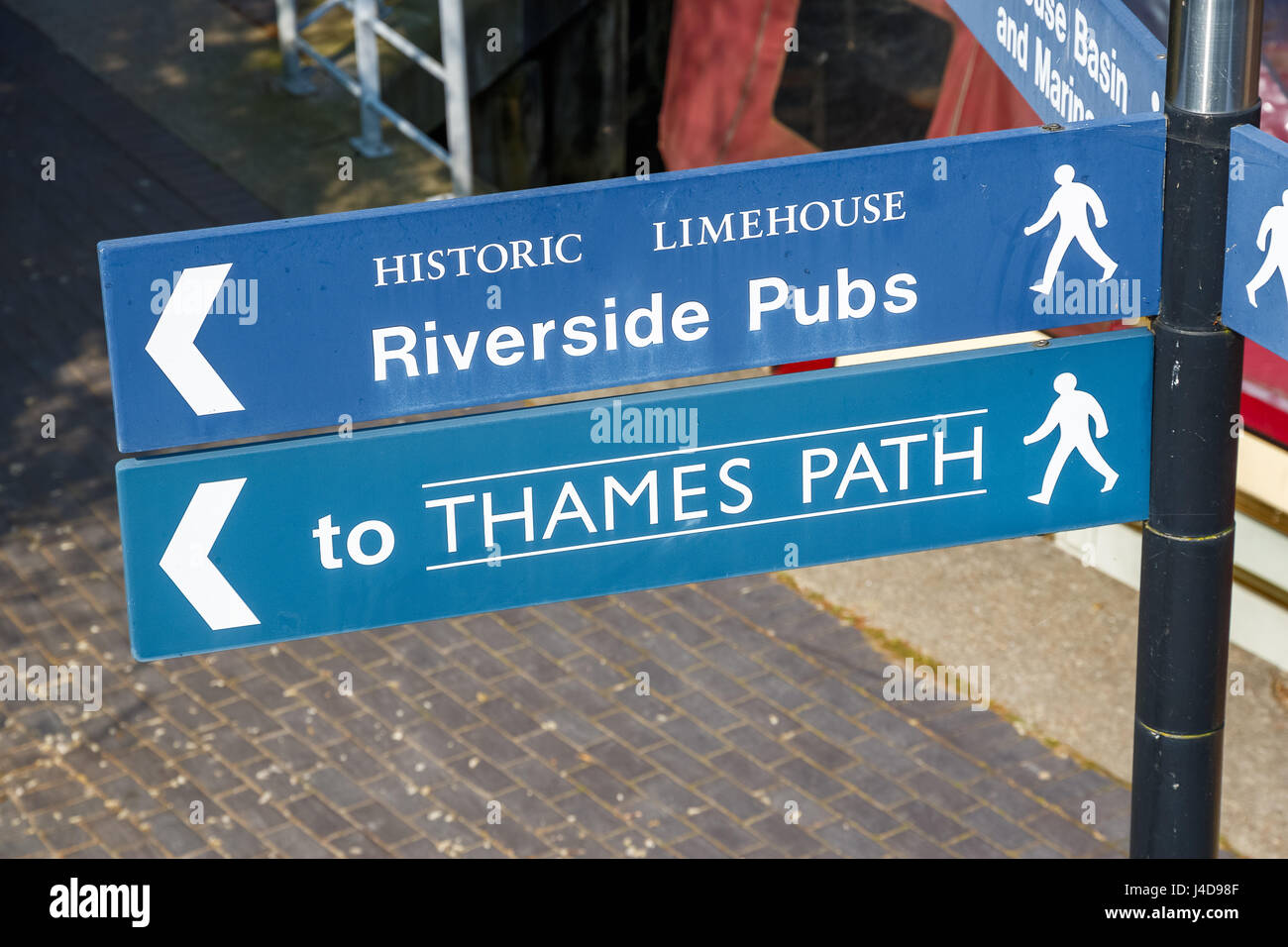 Riverside Pubs and Thames Path street sign in London with a narrowboat ...