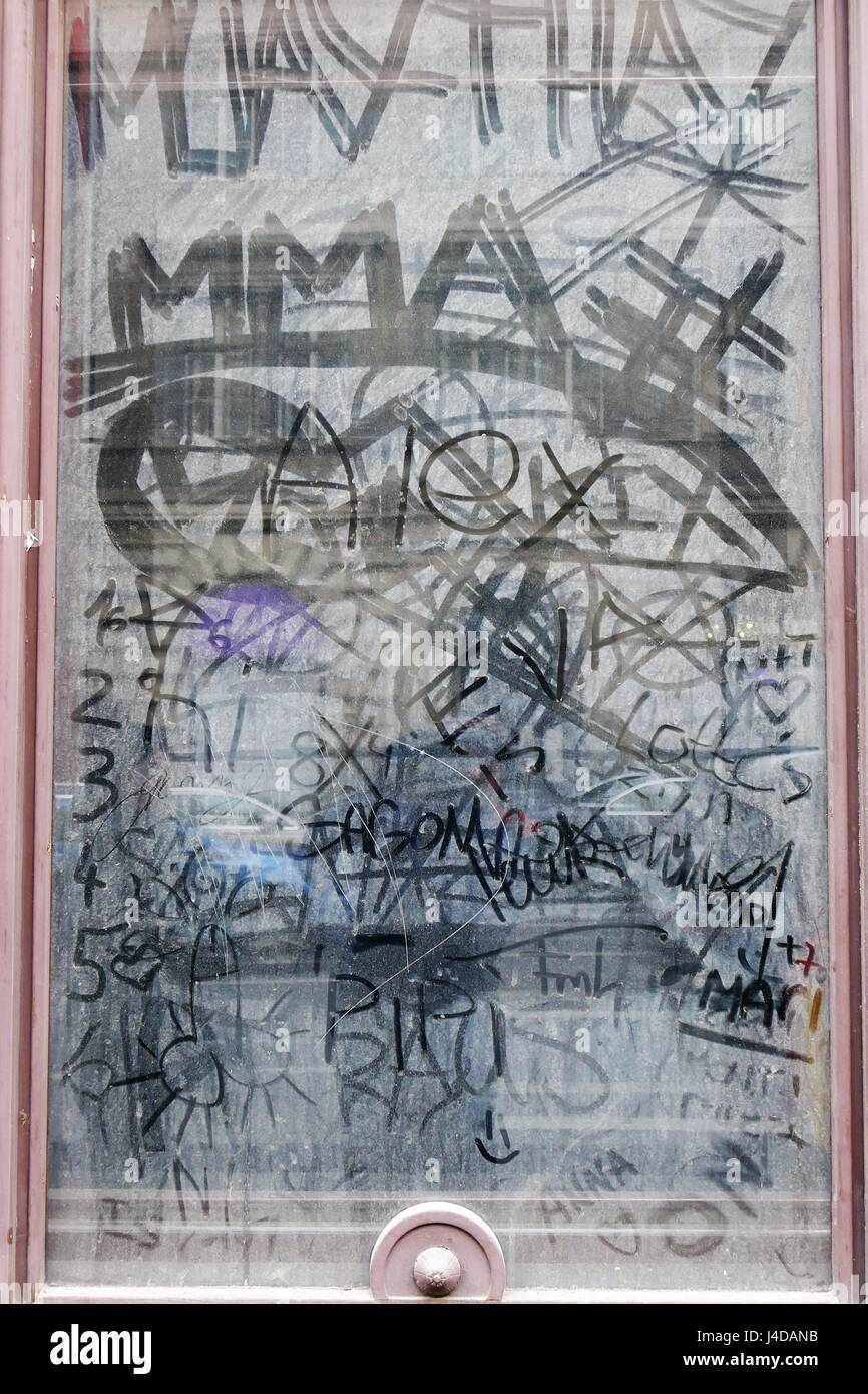 Window Graffiti on dirty glass, Prague April 2017 Stock Photo - Alamy