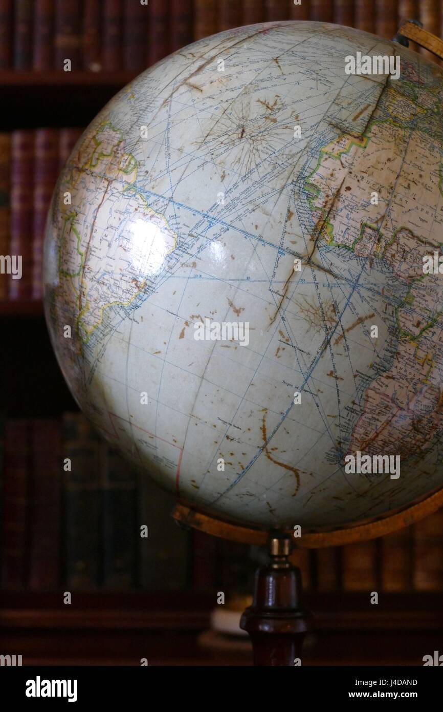 Victorian antique globe in library at Wallinhgon Hall Northumberland UK ...