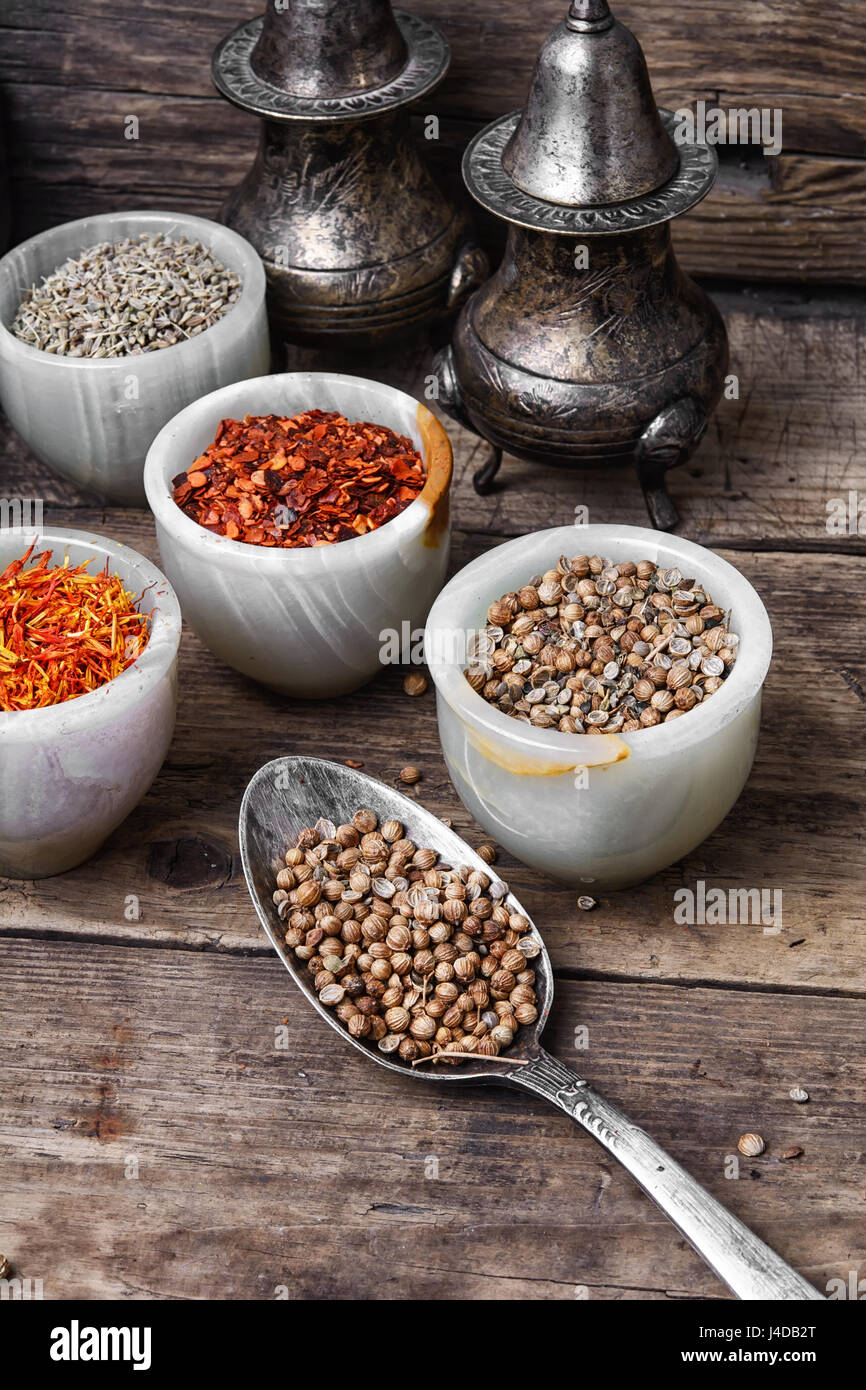 set of sharp Oriental spices in the jade stacks Stock Photo - Alamy