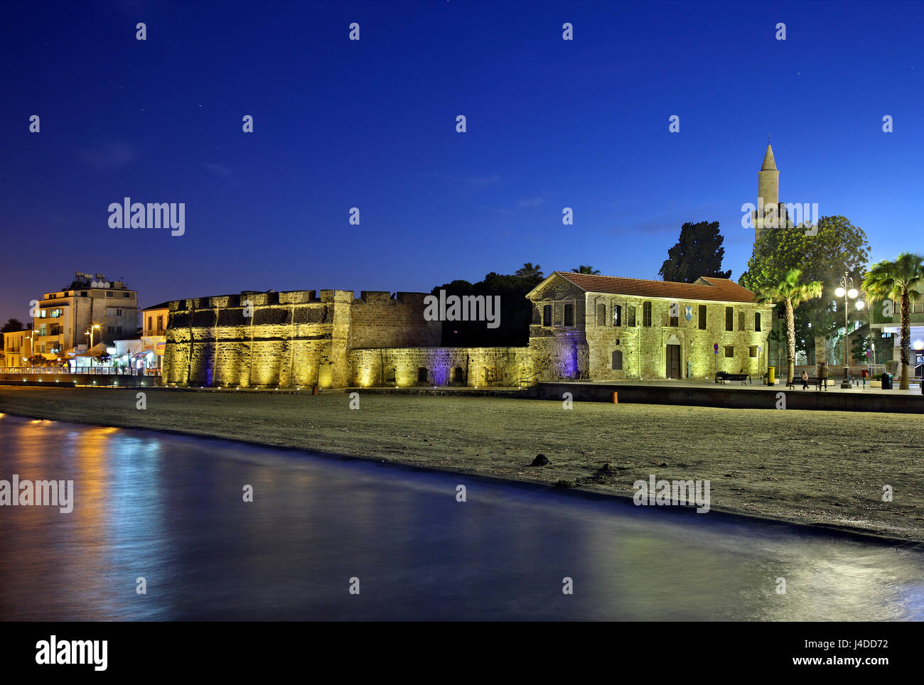 Night view of Larnaca castle, Larnaca, Cyprus. In the background you ...