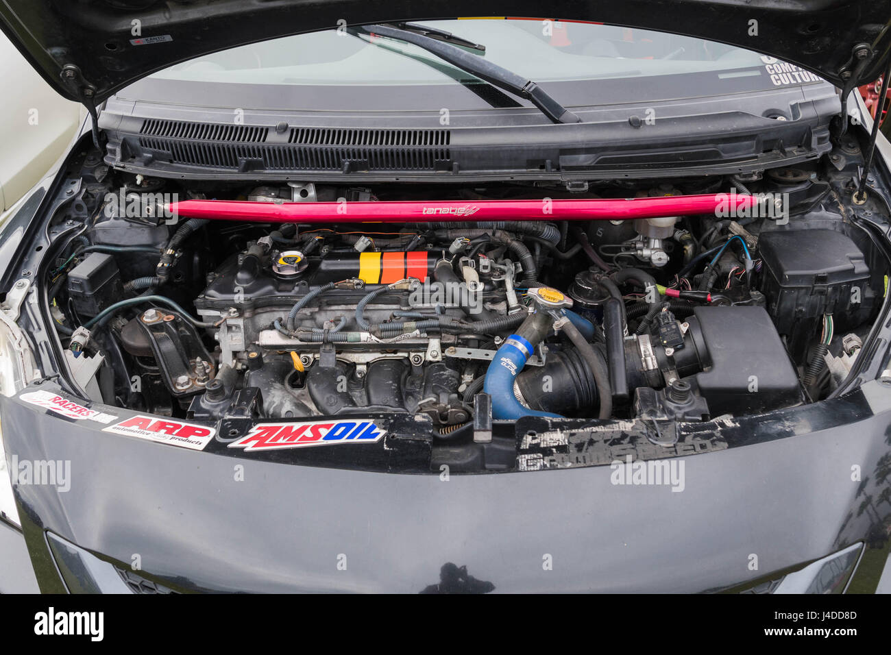 Long Beach, USA - May 6 2017: Toyota Yaris engine on display during the ...