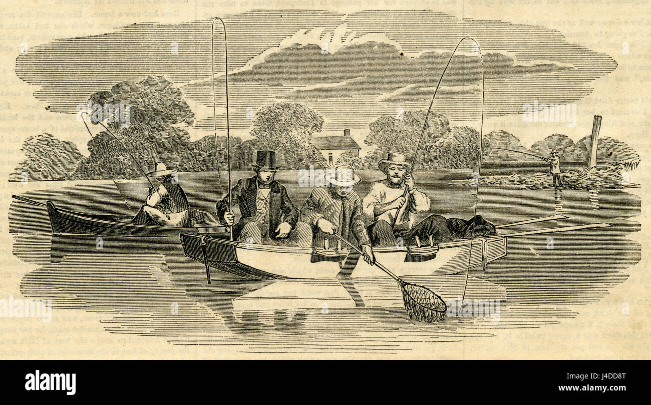 Antique 1854 engraving, Representation of an Amateur Fishing Scene ...