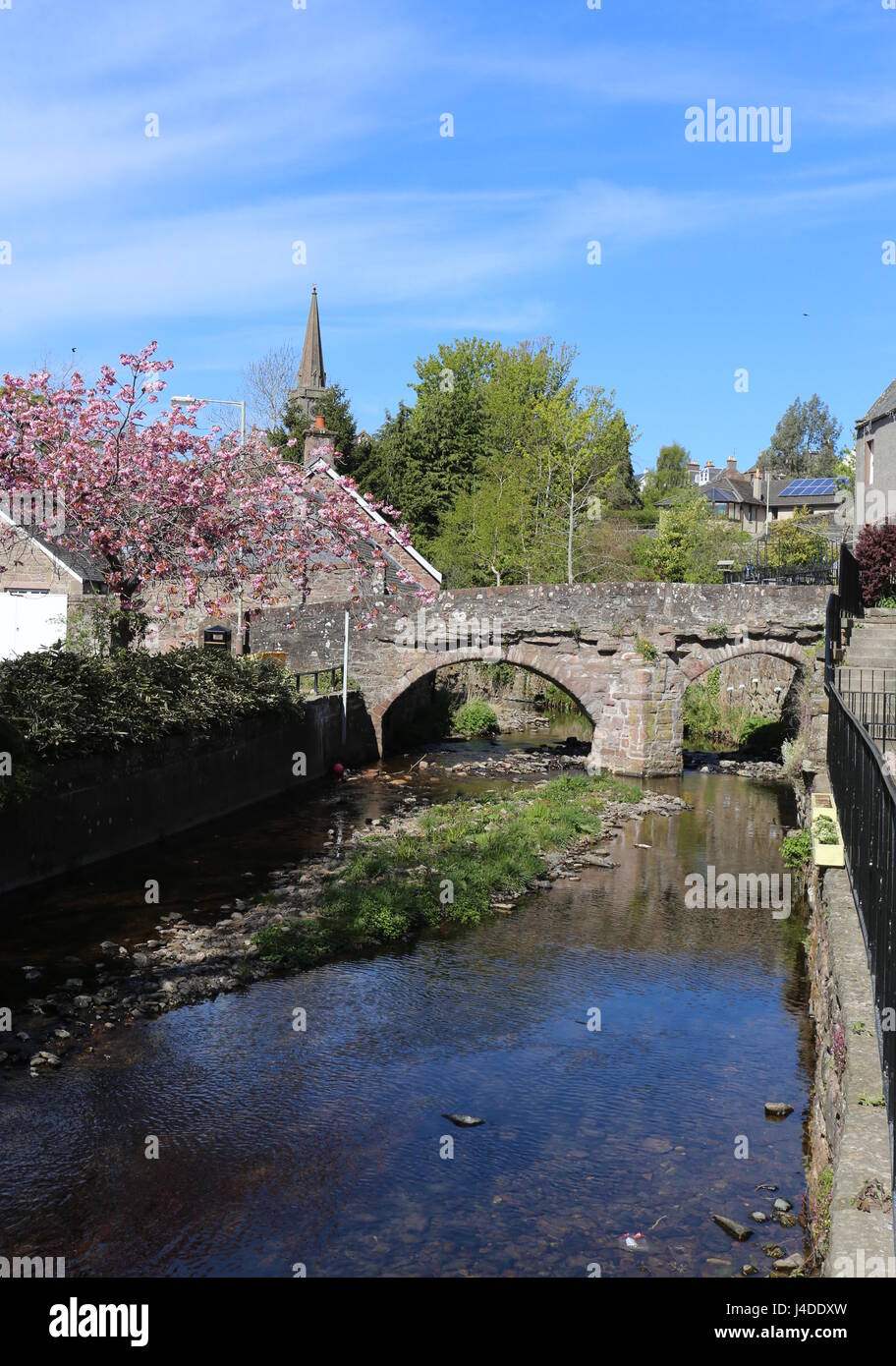 Old bridge over Alyth Burn with trees in blossom Alyth Scotland May ...