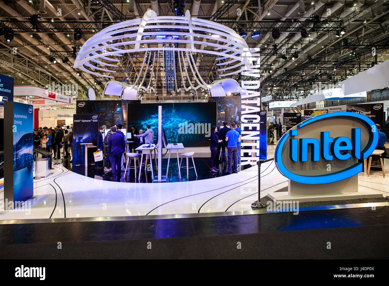 Intel company stand interior on exhibition Cebit 2017 in Hannover Messe ...