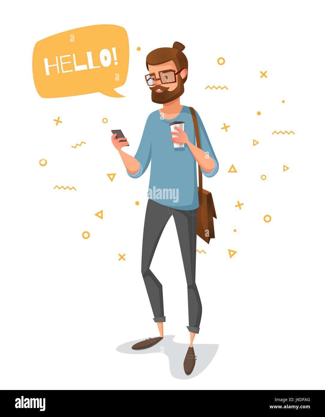 Happy cartoon man looking at his mobile phone and smiling on a ...