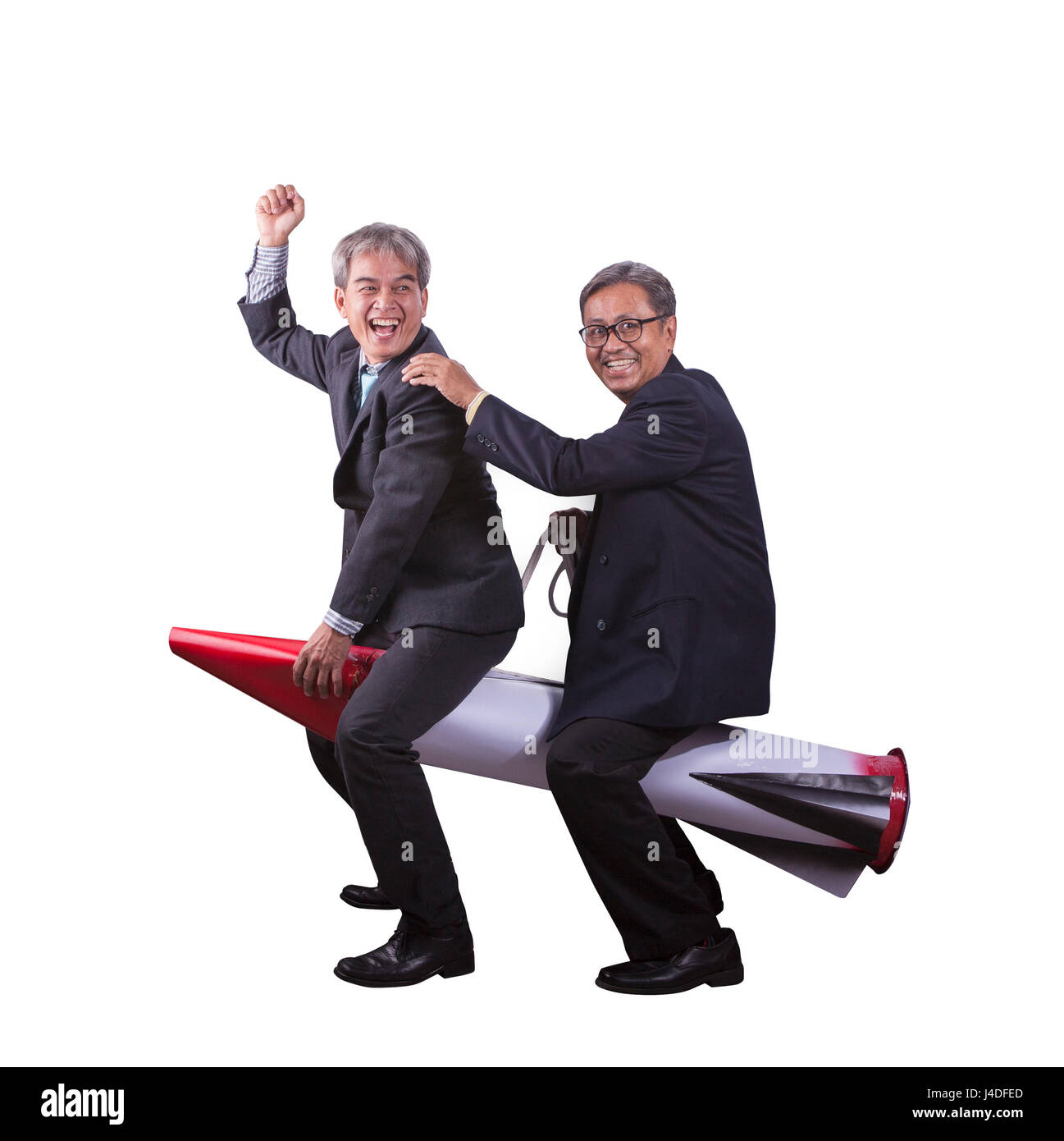 portrait of senior asian business man playing riding on rocket ...