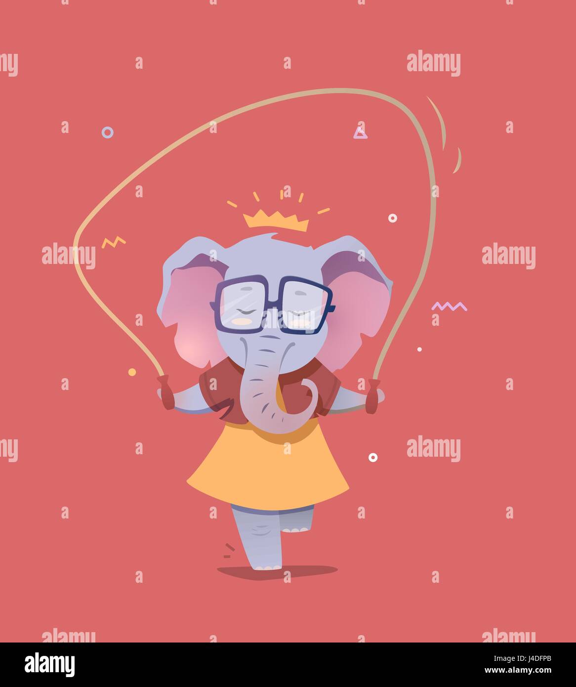 Elephant character drawn vector illustration on a red background. Cute ...