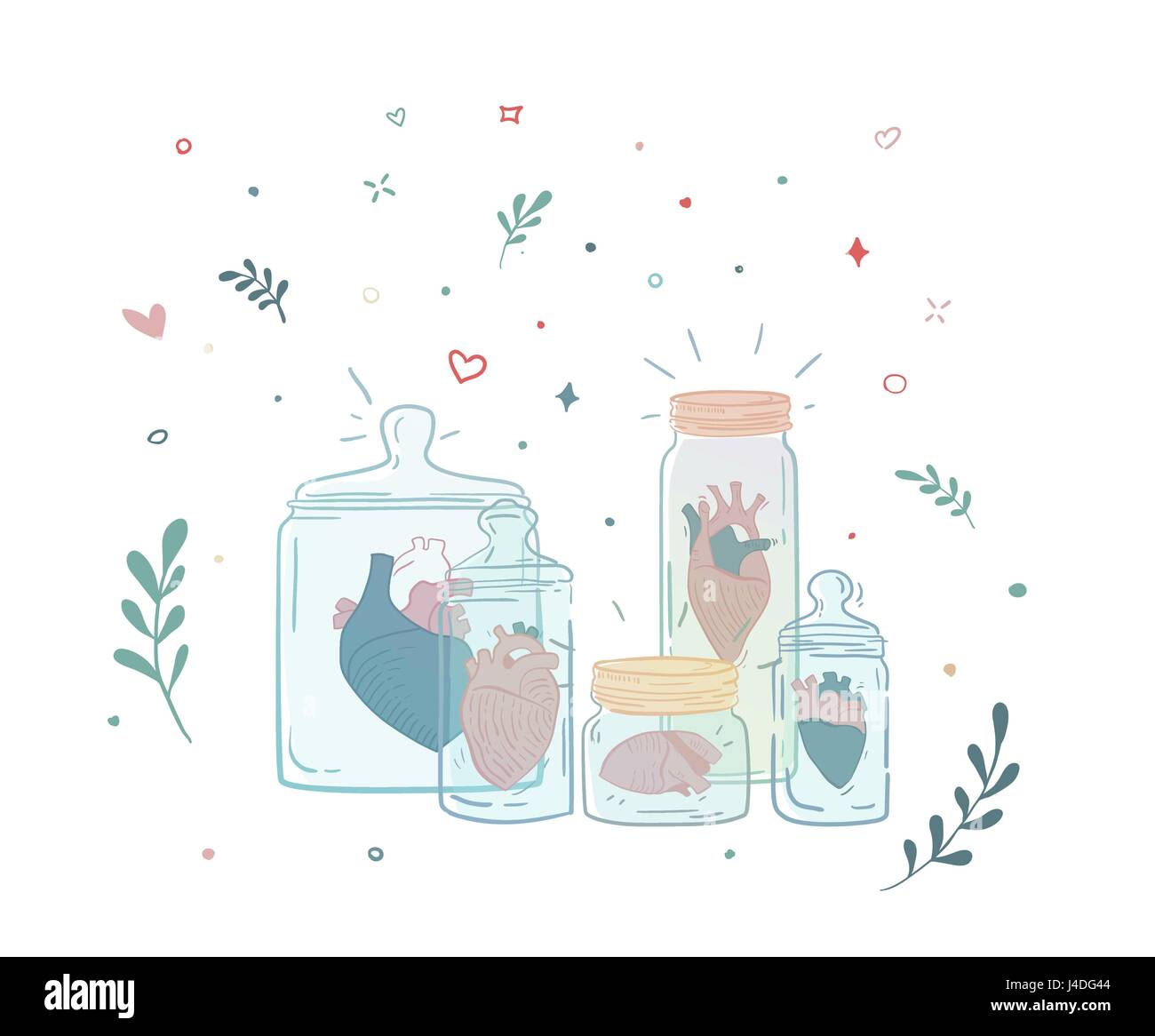 A set of jars with a human heart. Collection relations. Illustration ...