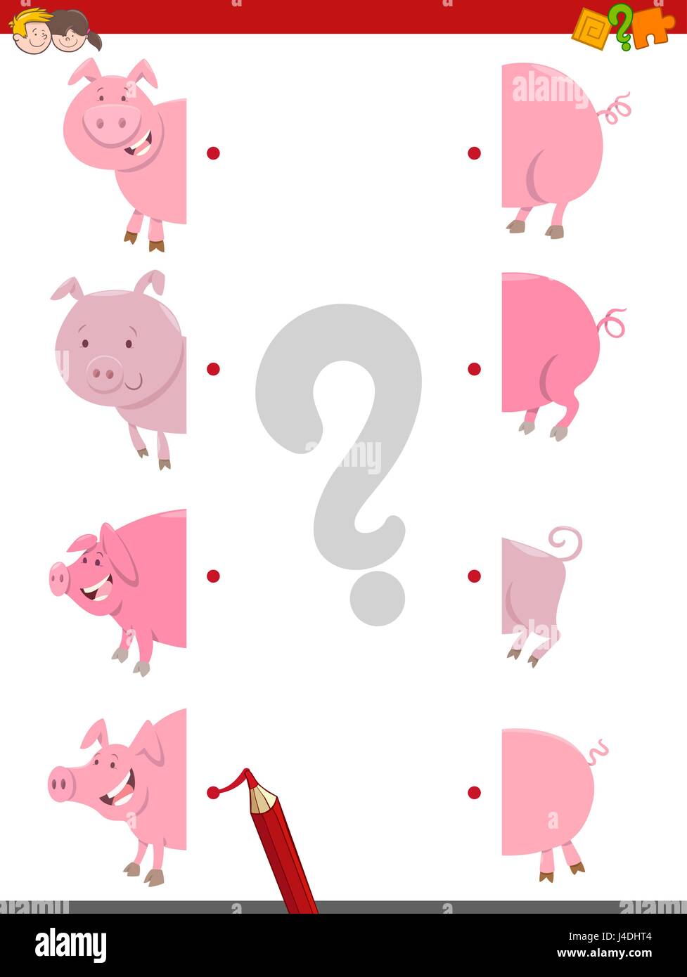 Cartoon Illustration of Educational Matching Halves Activity with Pigs ...
