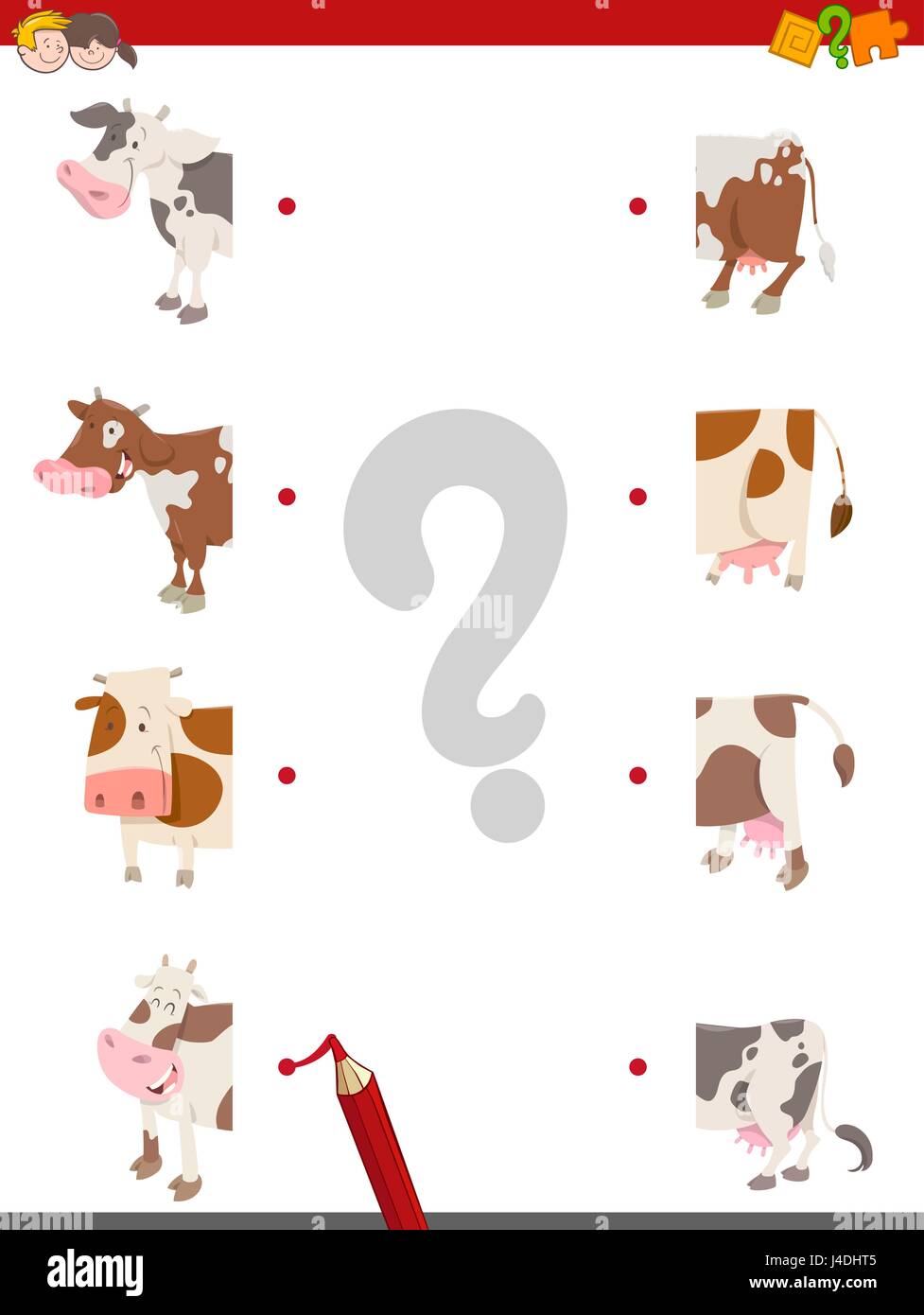 Cartoon Illustration of Educational Matching Halves Activity with Cows ...