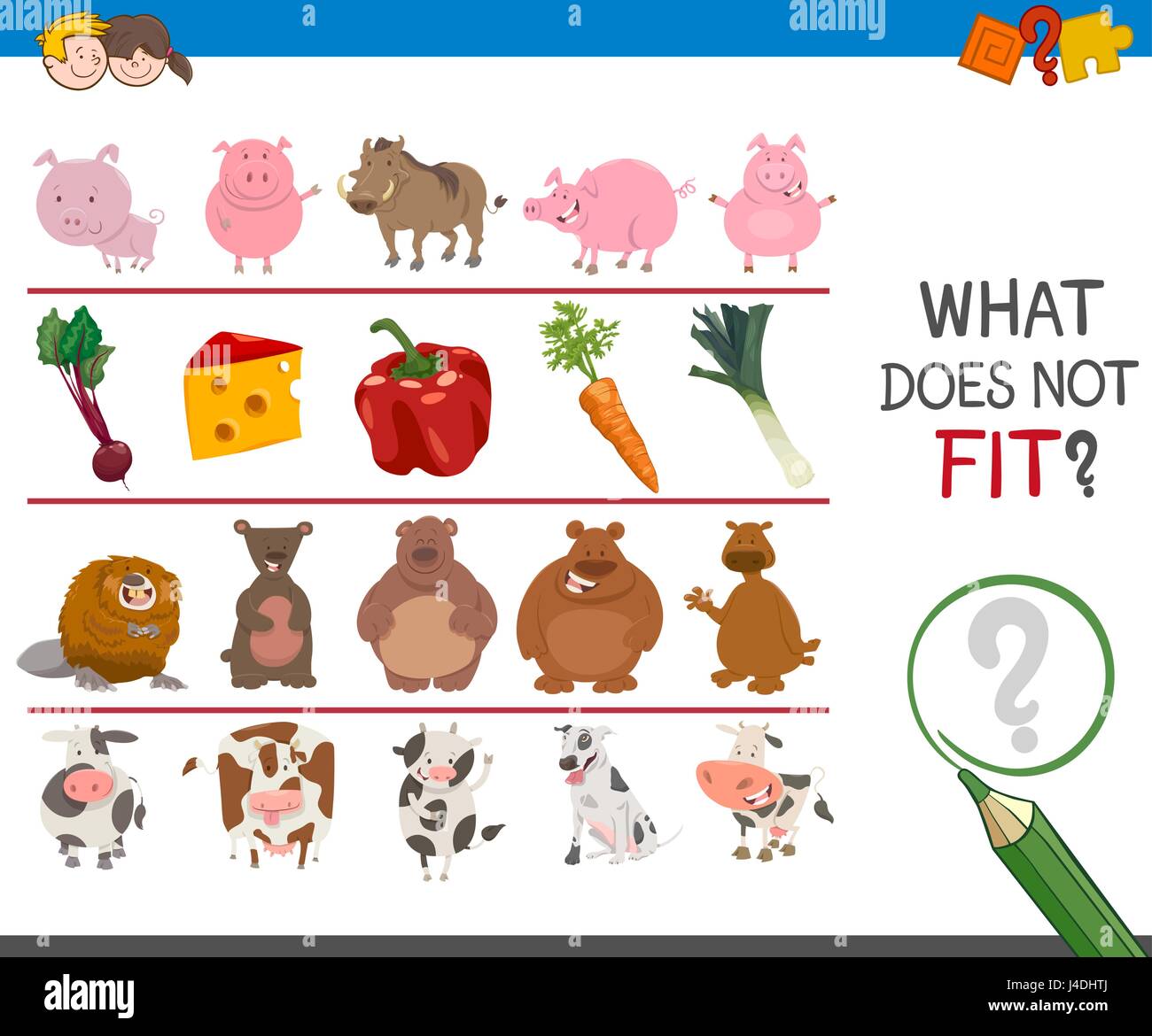 Cartoon Illustration of Finding Picture that does not Fit in a Row ...