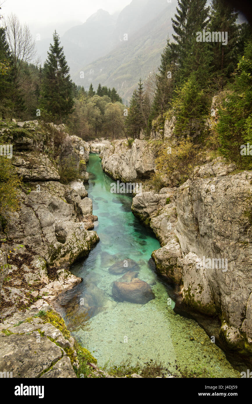 Clear blue water streaming through rocks in the Julian Alps in Slovenia ...