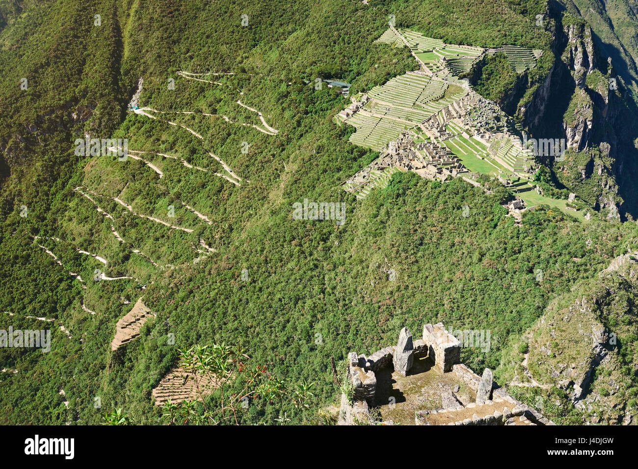 Aerial view on machu picchu town with terraces in green forest Stock ...